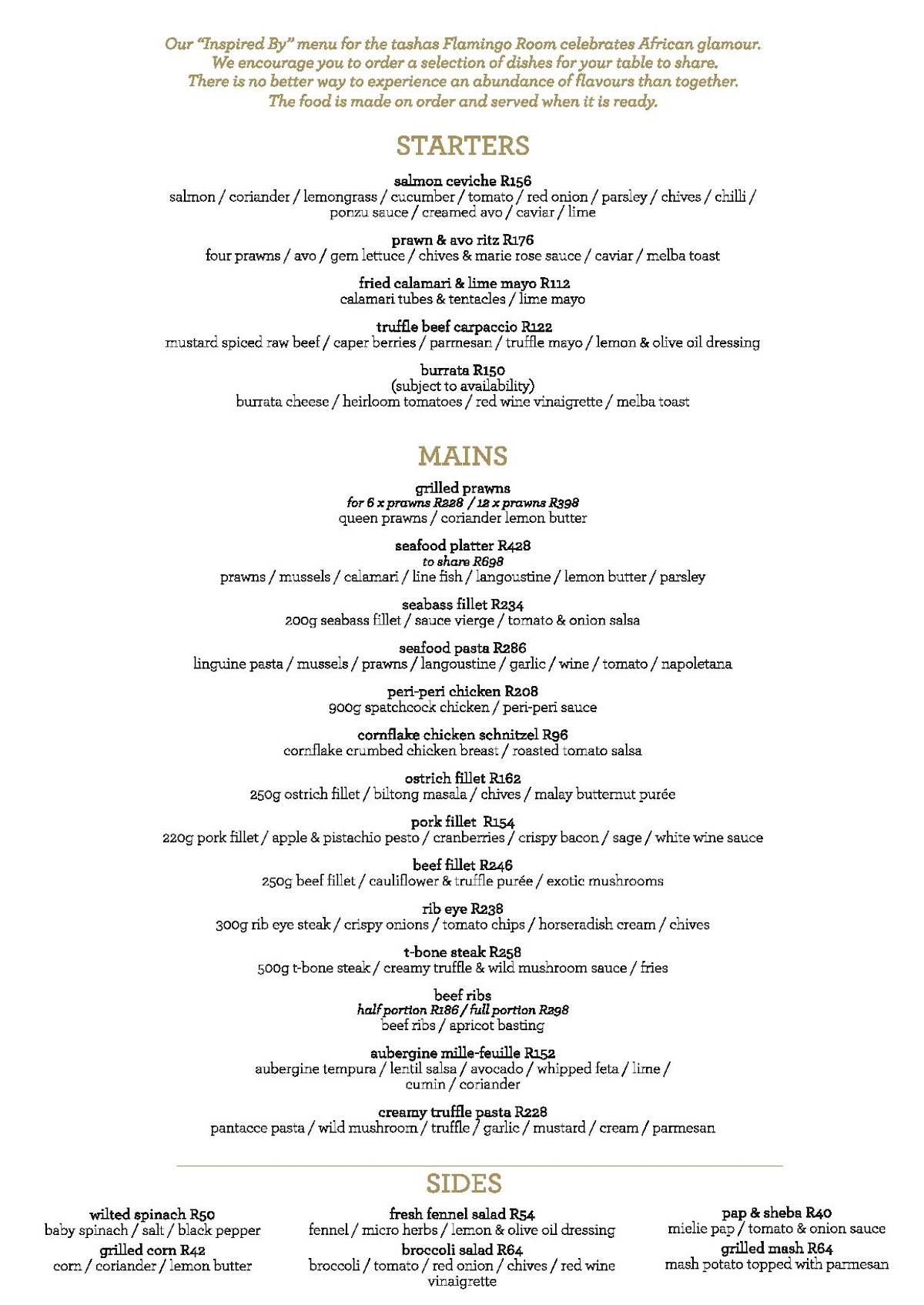 Menu at tashas Nelson Mandela Square restaurant, Johannesburg
