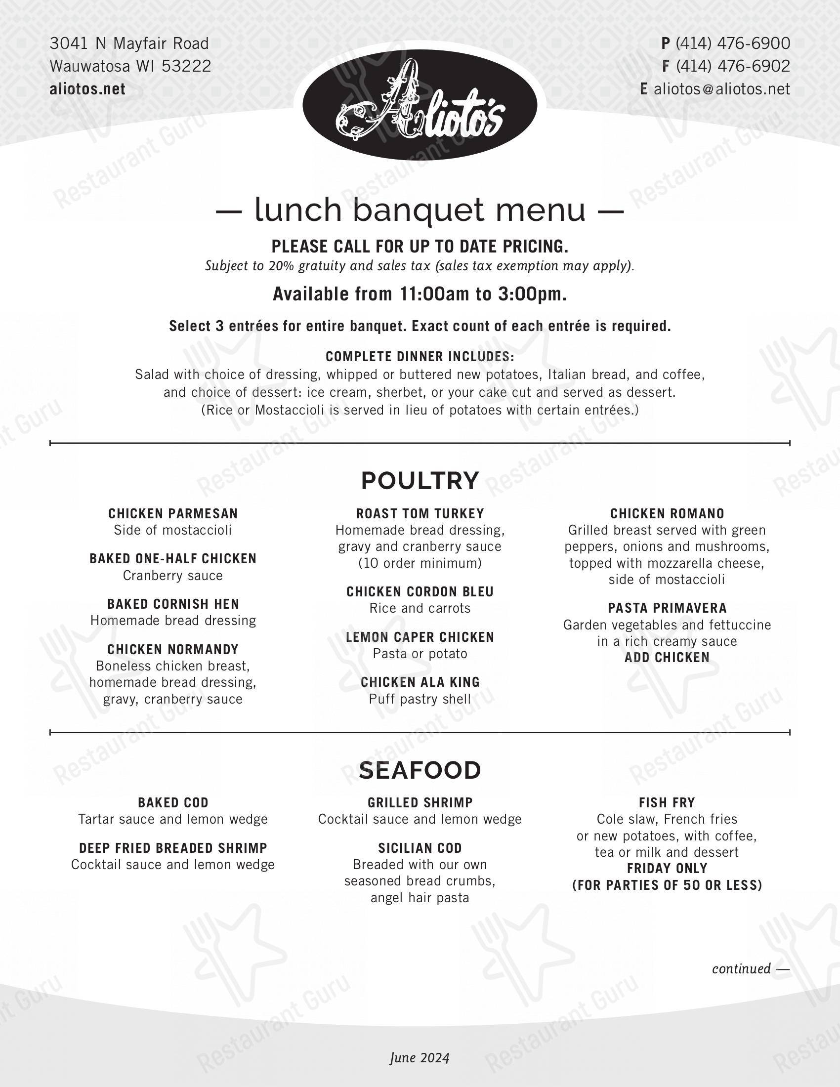 Menu at Alioto's restaurant, Wauwatosa, N Mayfair Rd