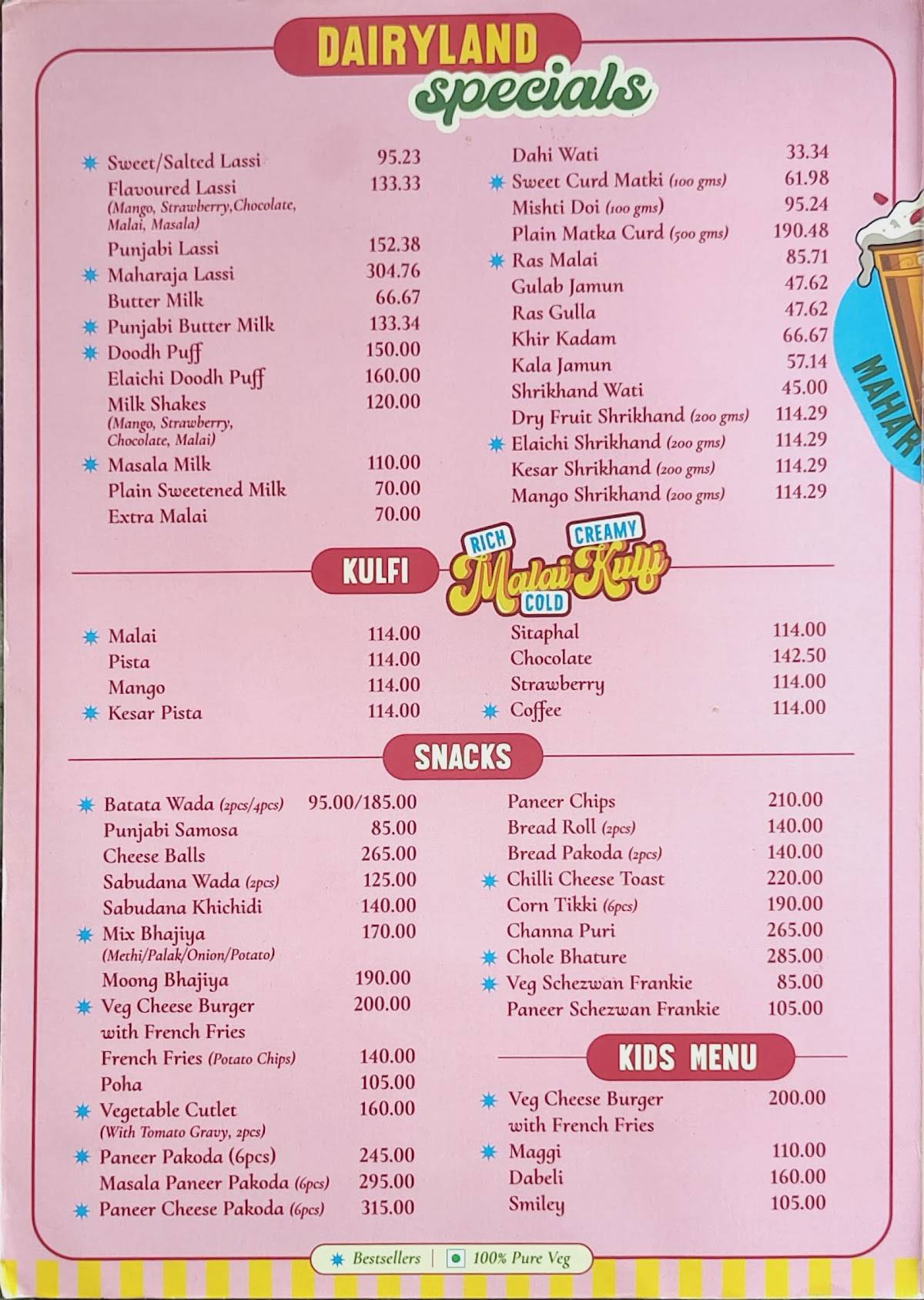 Menu at Dairyland Parlour - Parsi Dairy Farm, India