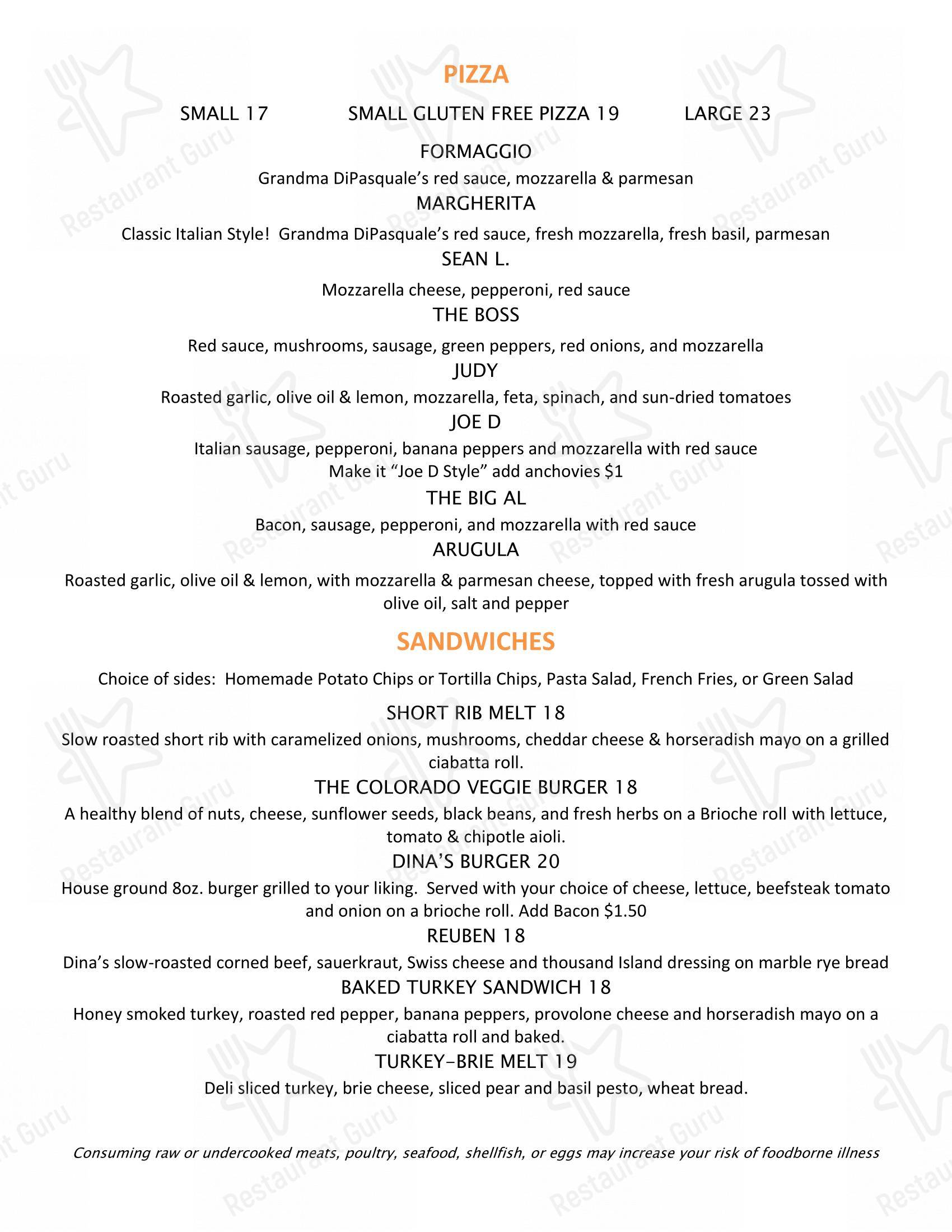 Menu at Dina's restaurant, Ellicottville