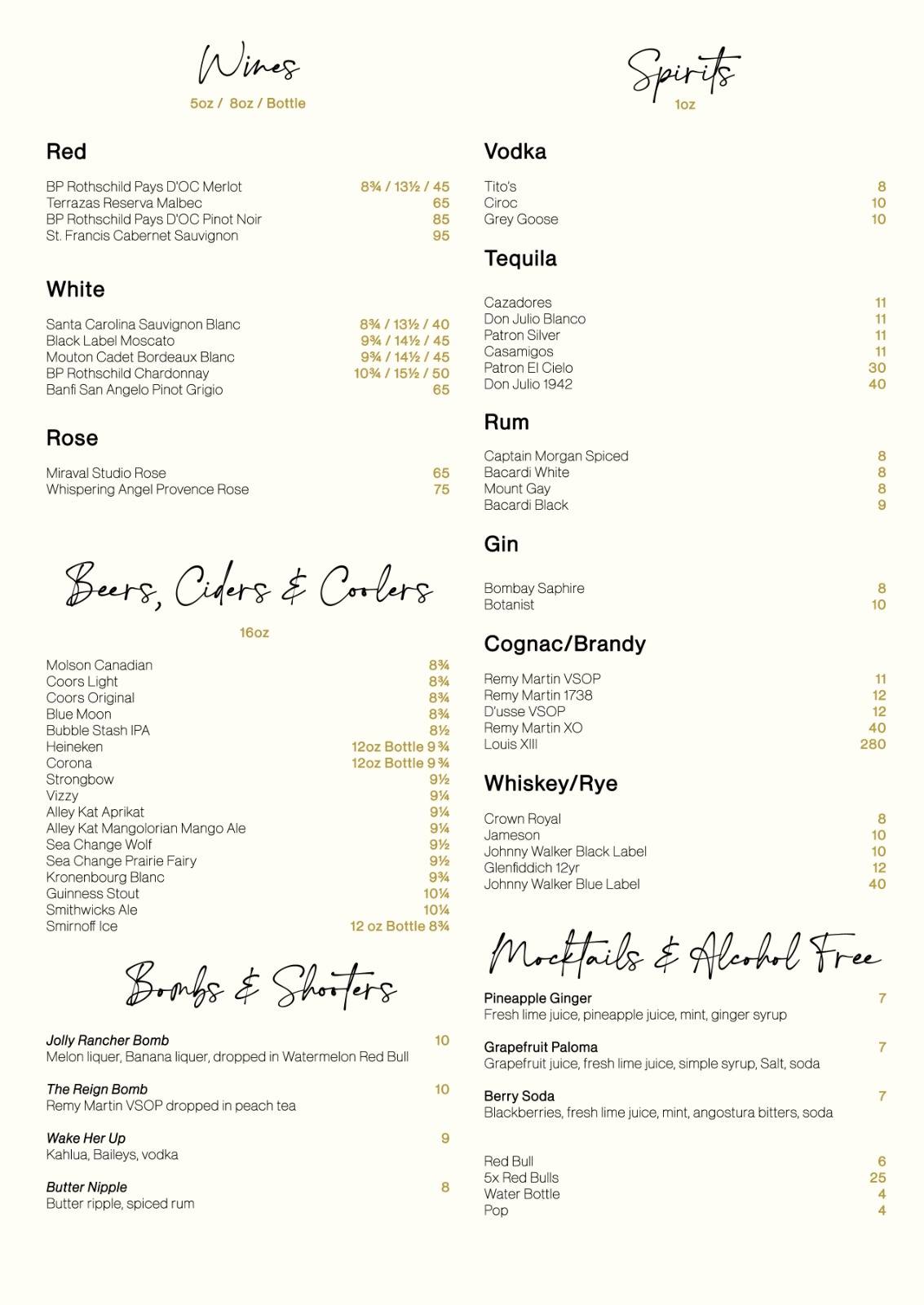 Menu at Reign Premium Lounge & Kitchen restaurant, Edmonton