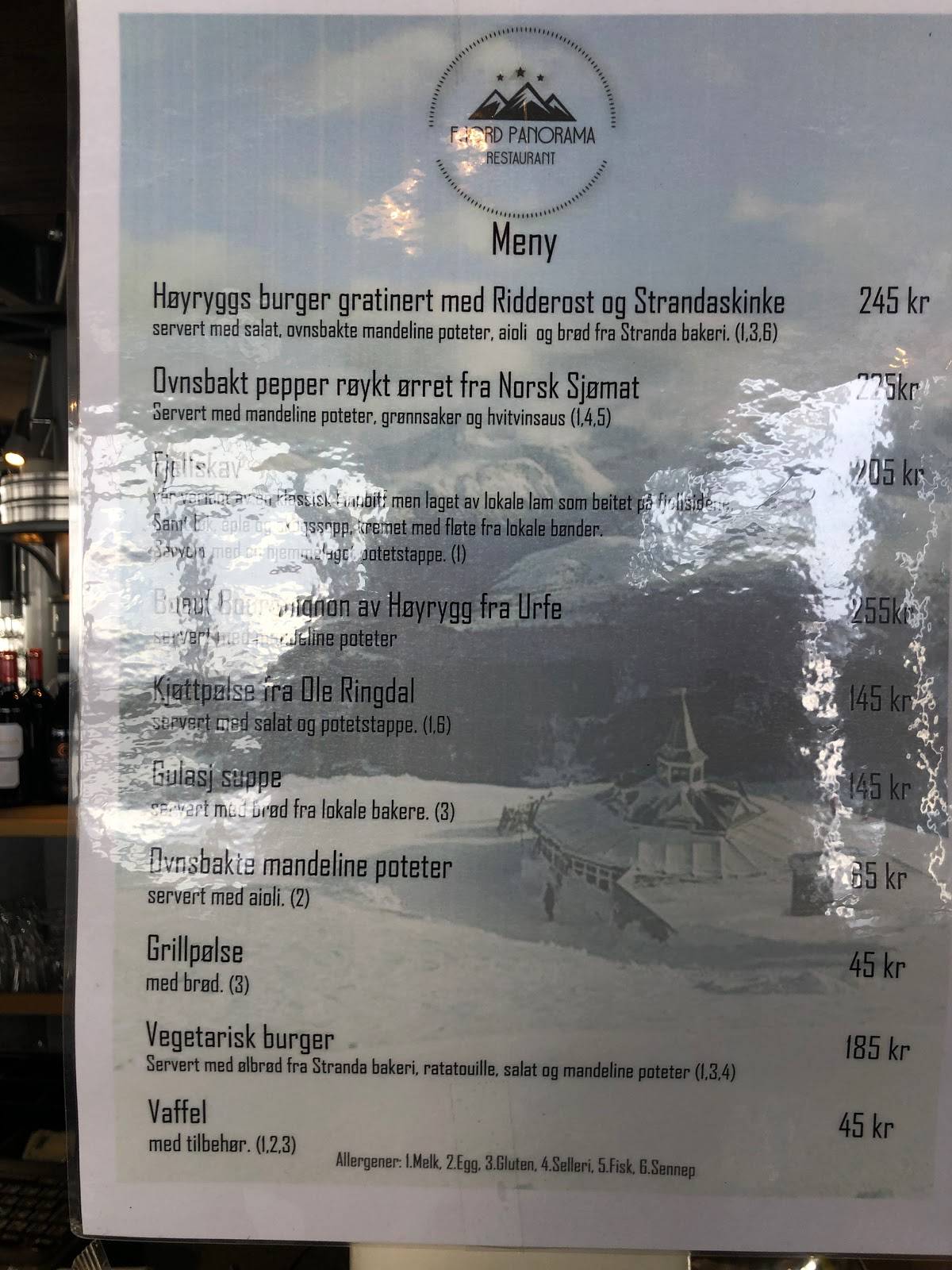 Menu at Fjord Panorama Restaurant, Norway