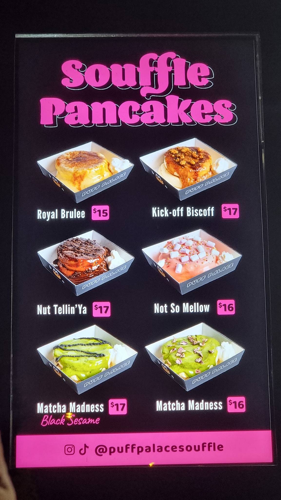 Menu at Puff Palace Soufflé desserts, Gledswood Hills