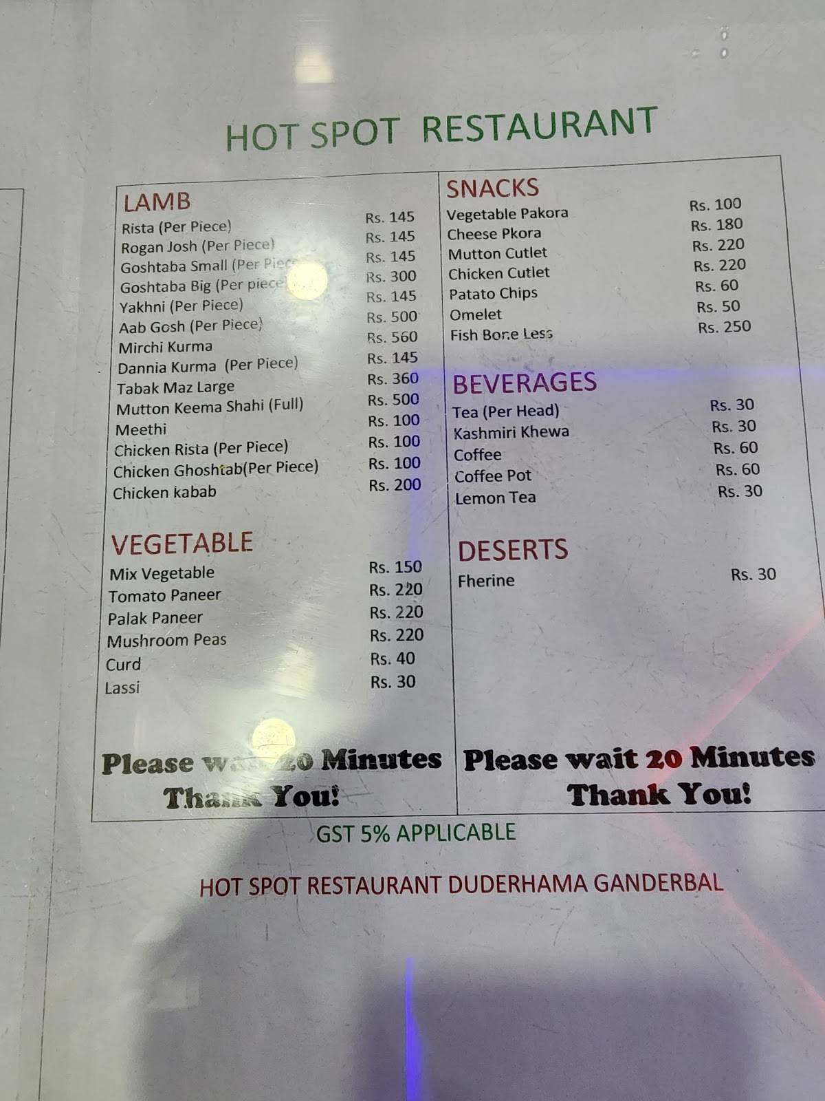 Menu at HOT SPOT RESTAURANT, India