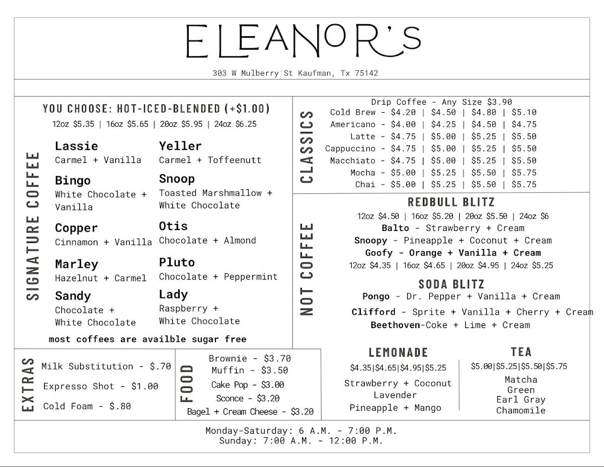 Menu at Eleanor’s Coffee Shop desserts, Kaufman