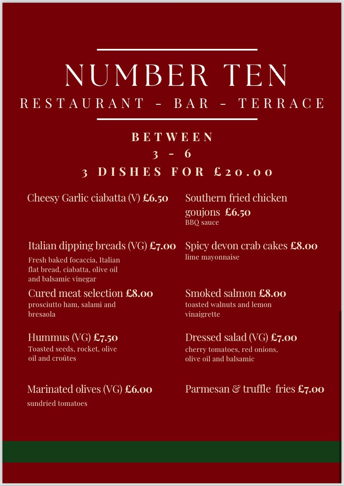 Menu at Number ten restaurant, Lynton