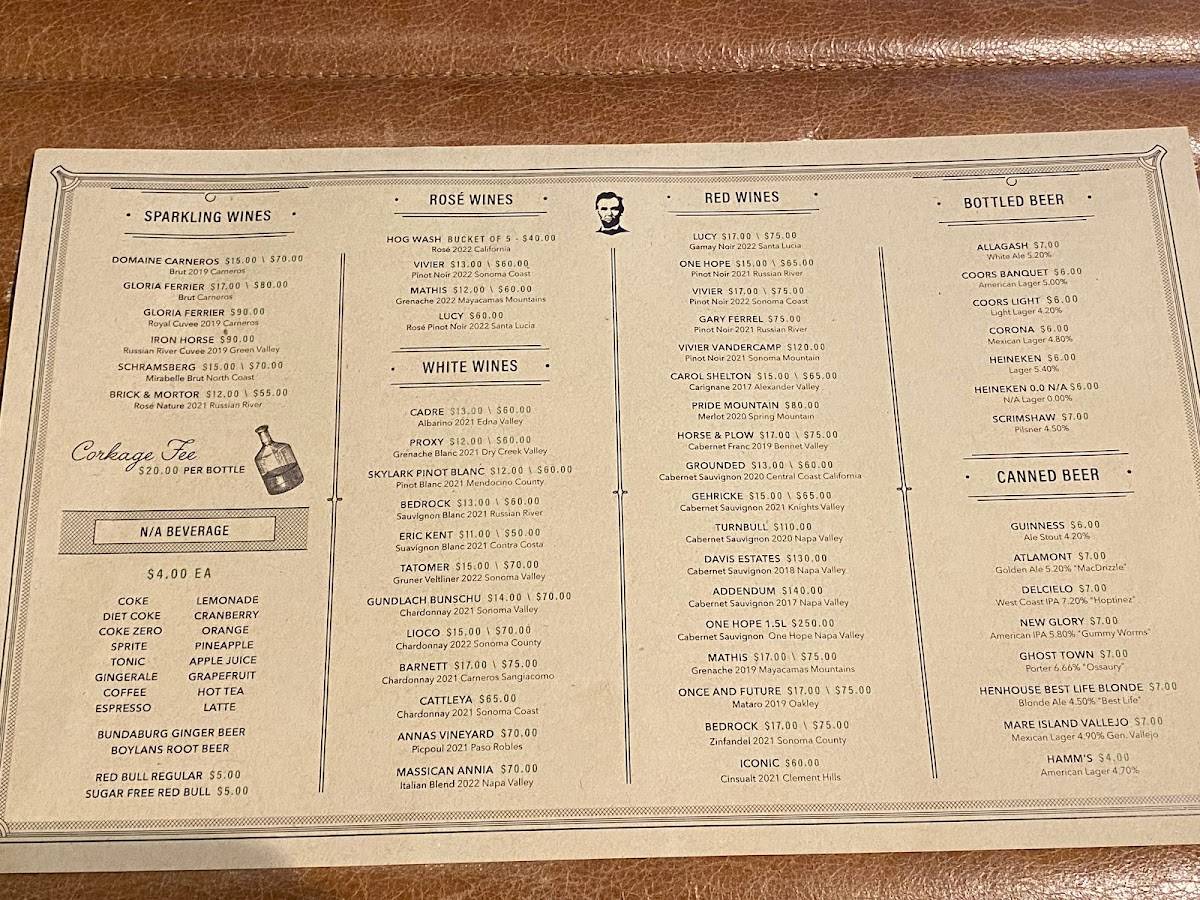 Menu at , Napa