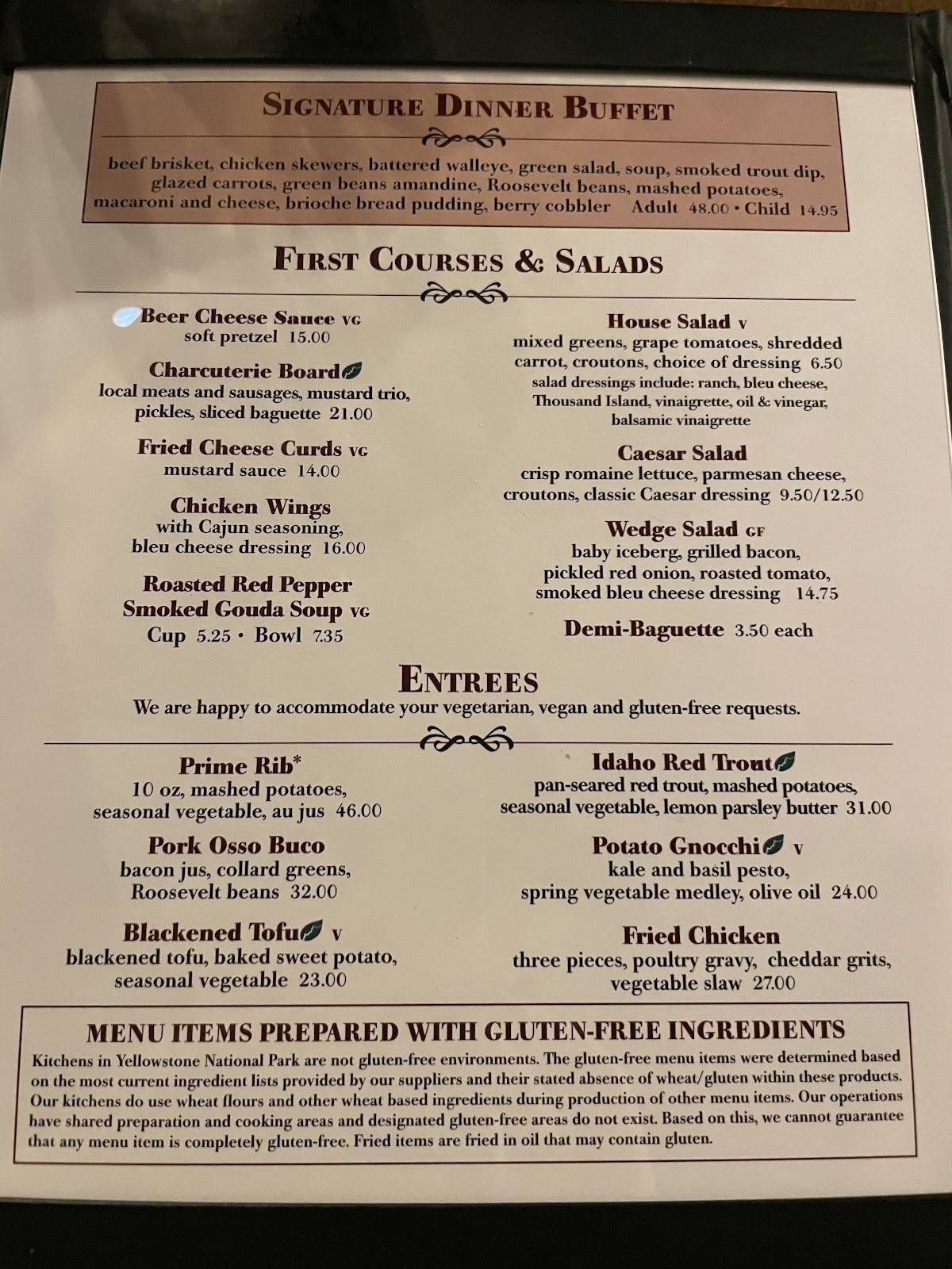 Menu at Old Faithful Inn Dining Room restaurant, USA, Old Faithful Rd