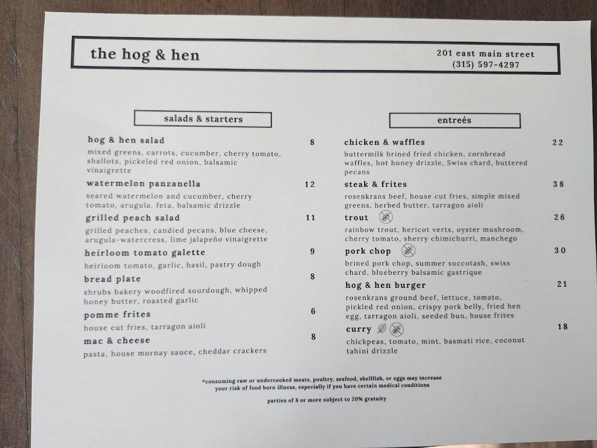 Menu at The Hog & Hen restaurant, Palmyra