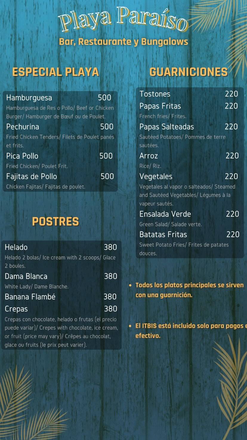 Menu at Playa Paraíso en Villa Magante pub & bar, Dominicana