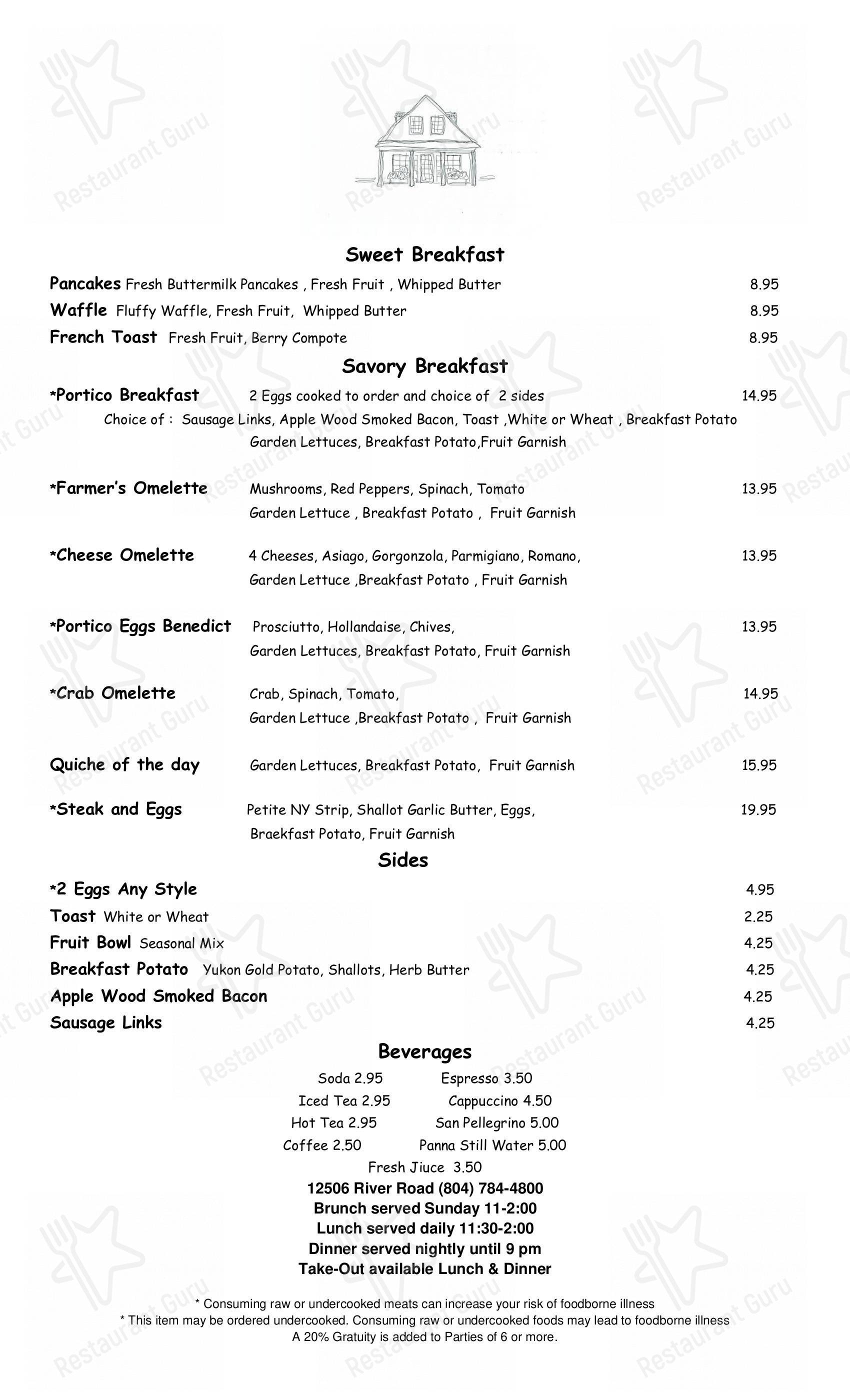 Menu at Portico Restaurant, Richmond, River Rd