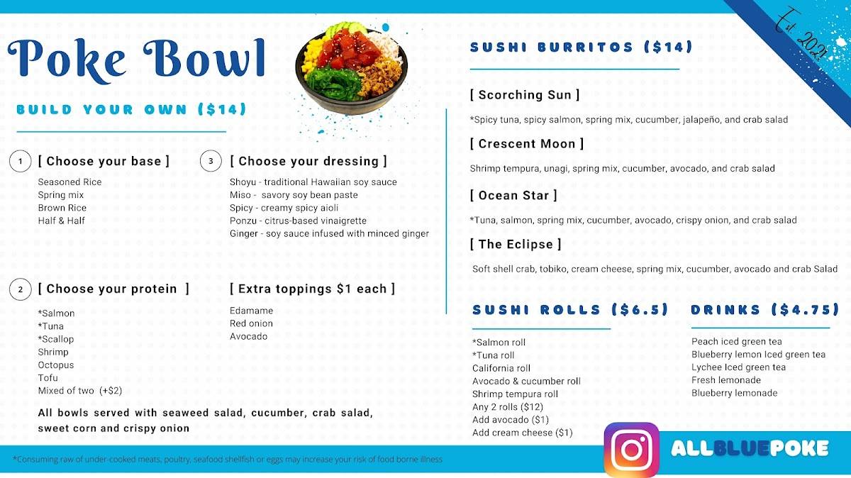 Menu at All Blue Poke restaurant, Portland