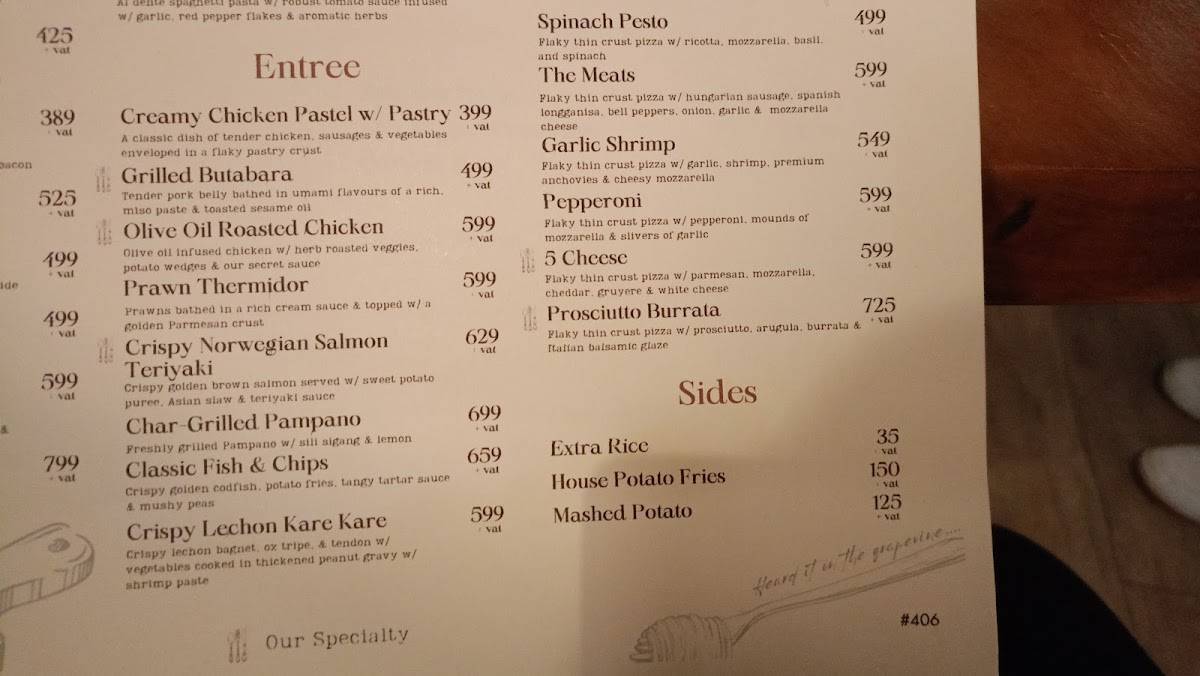 Menu at Grapevine Restaurant, Quezon City