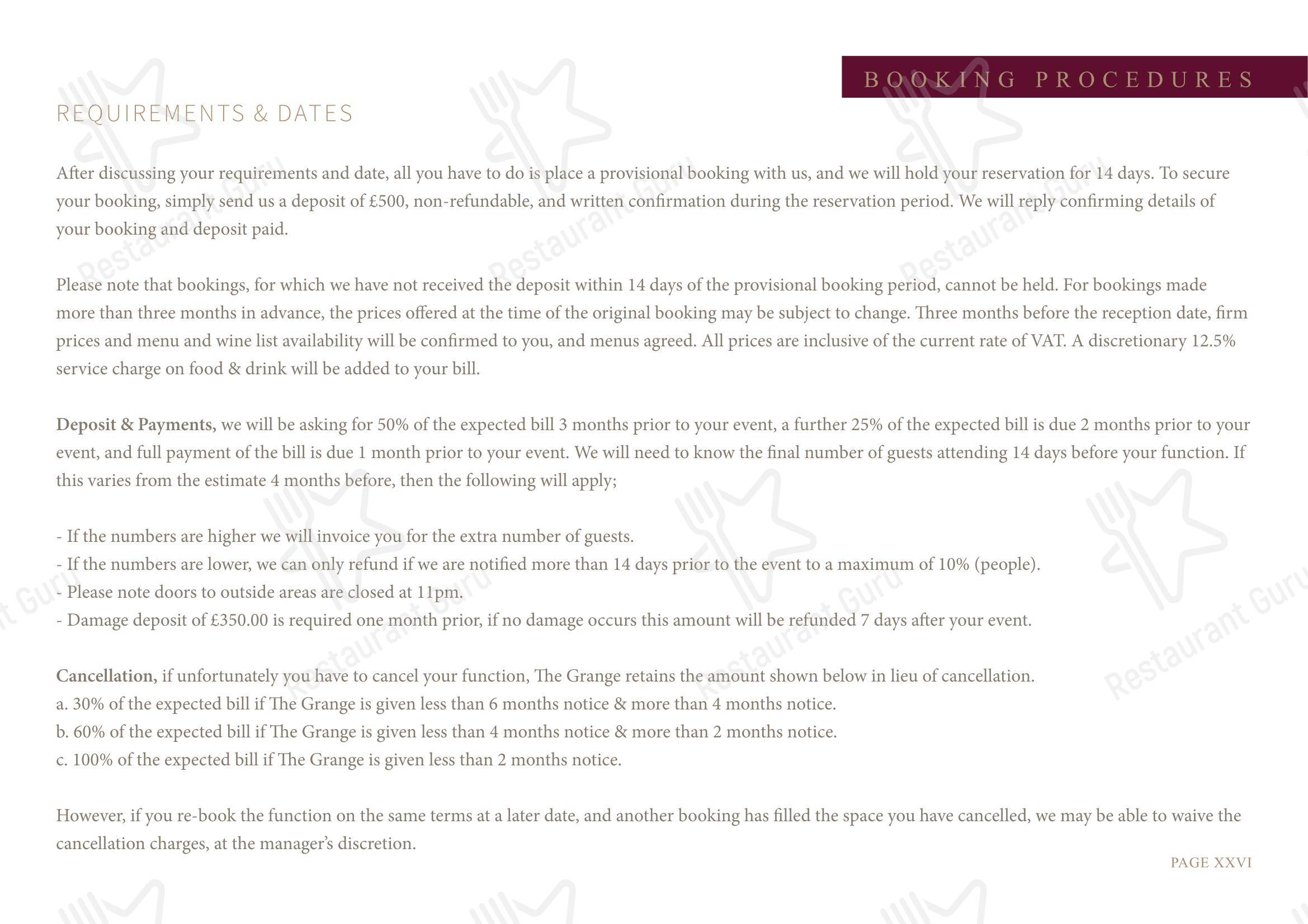 Menu at The Grange Restaurant, Wallington, Beddington Park