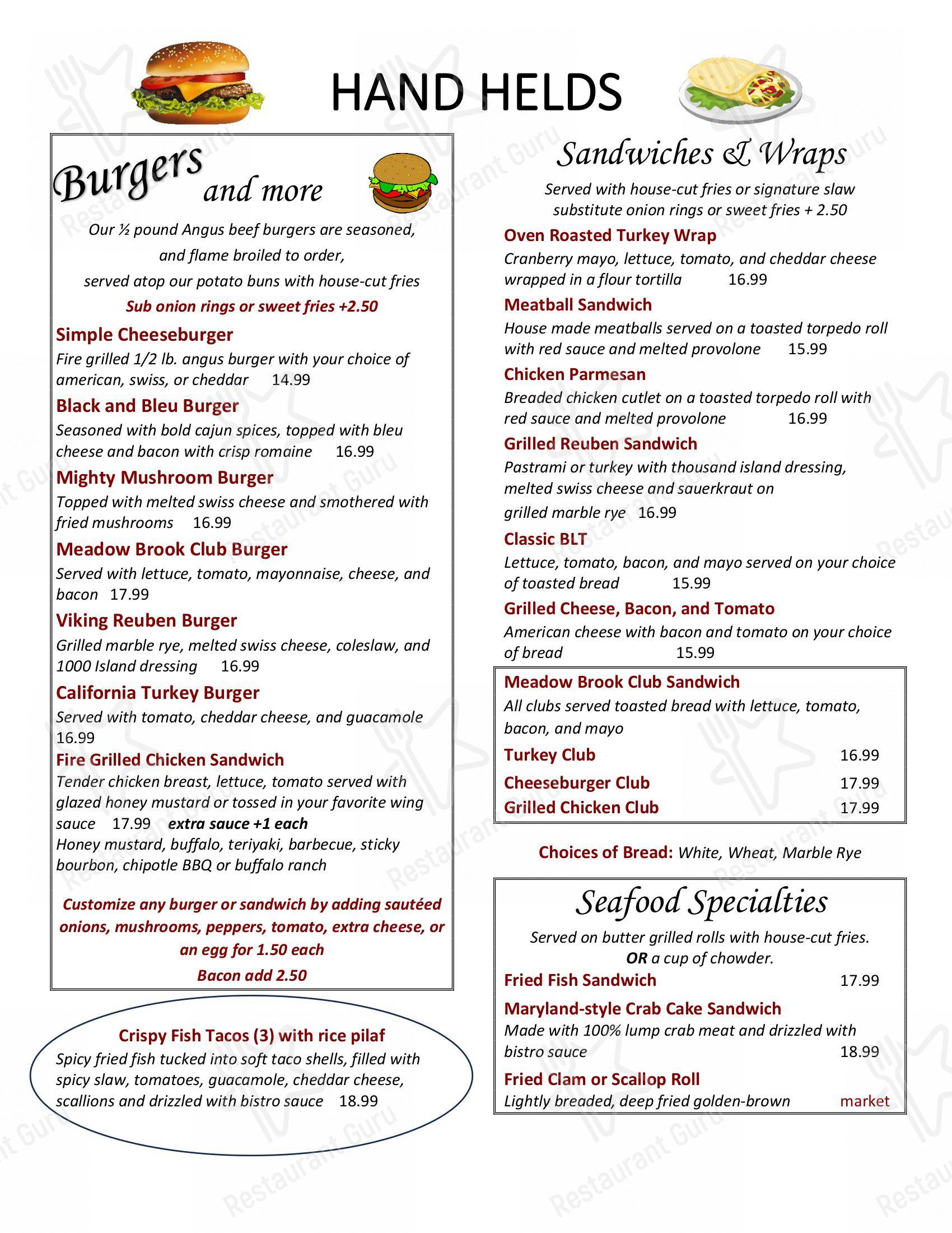 Menu at The Meadow Brook Restaurant & Functions, Hanson