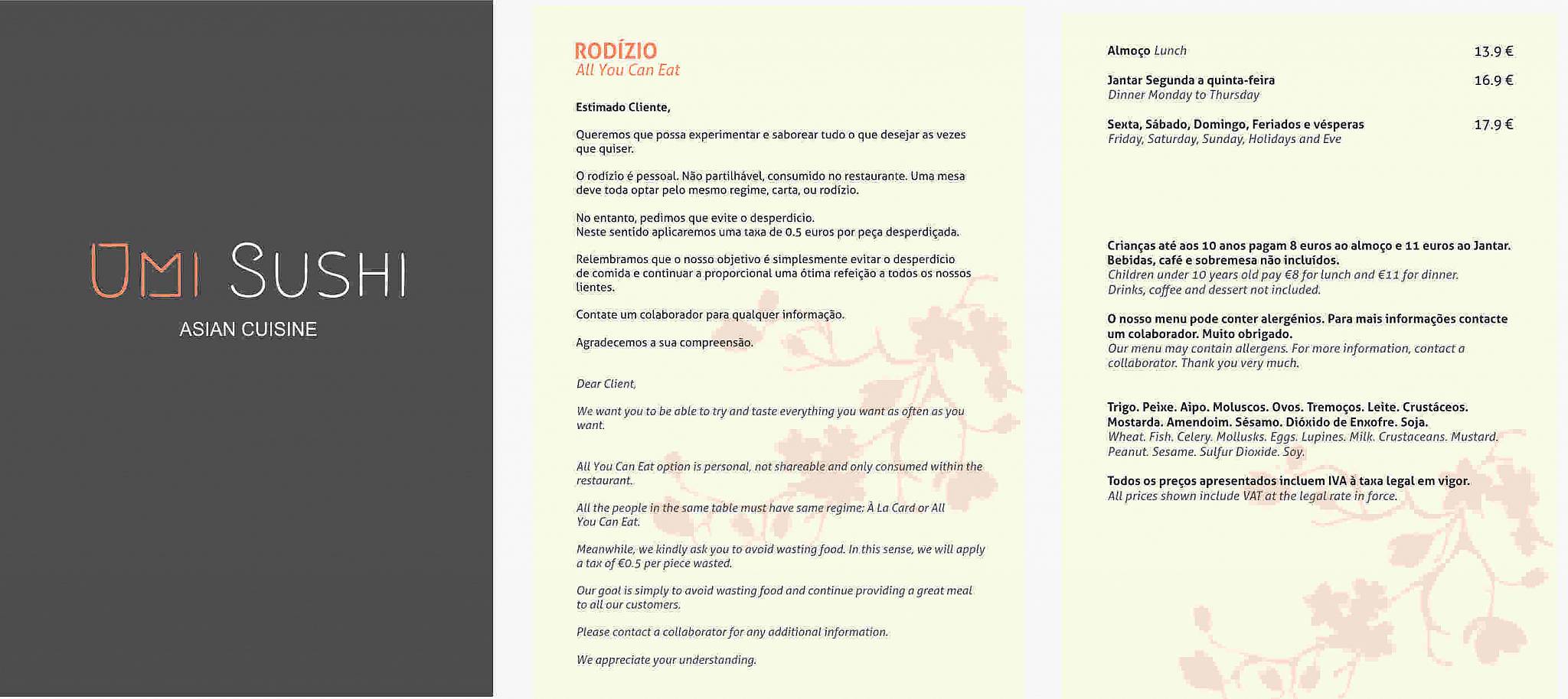 Menu at Umi Sushi restaurant, Tavira
