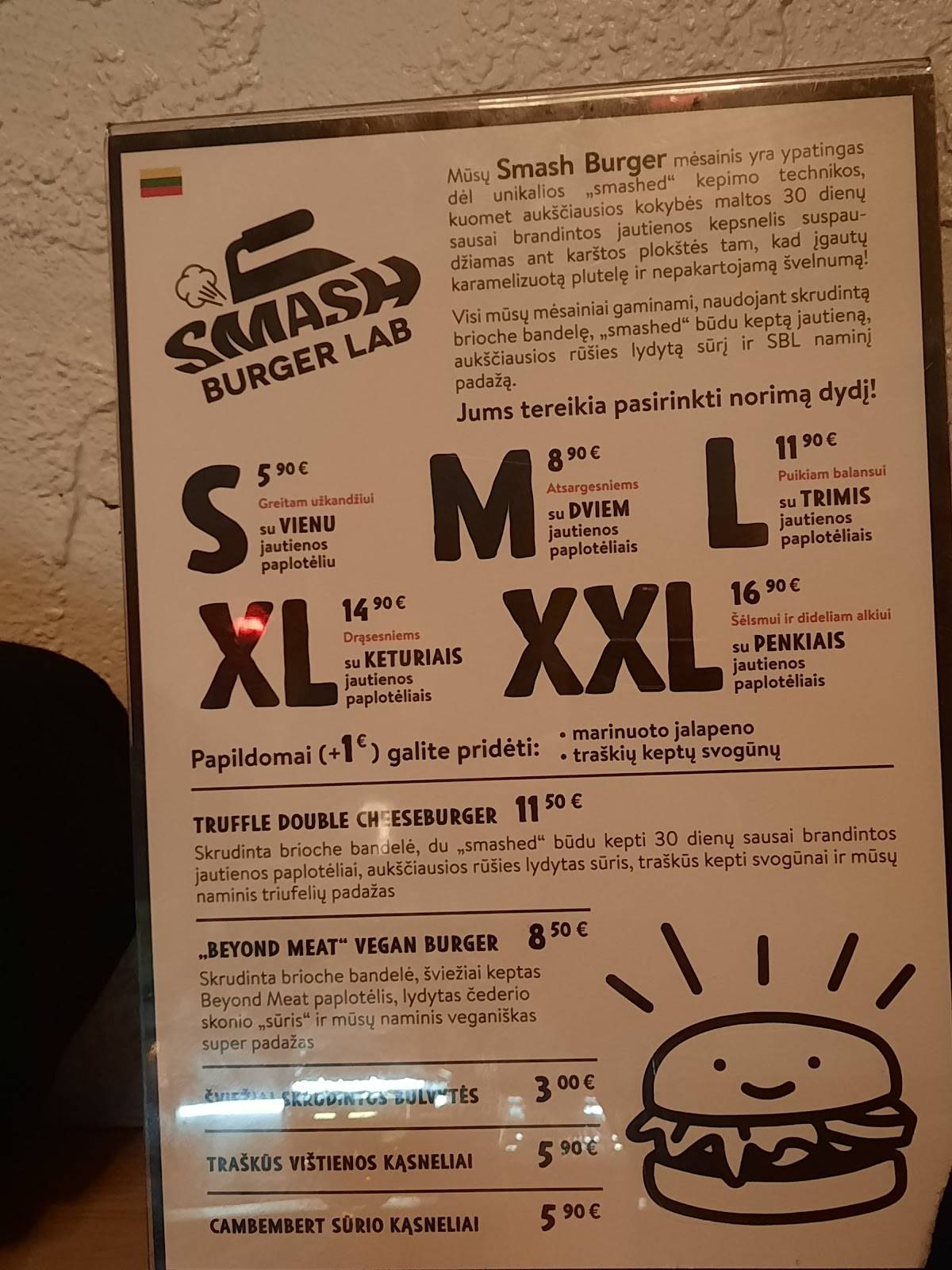 Menu at Smash Burger lab restaurant, Vilnius
