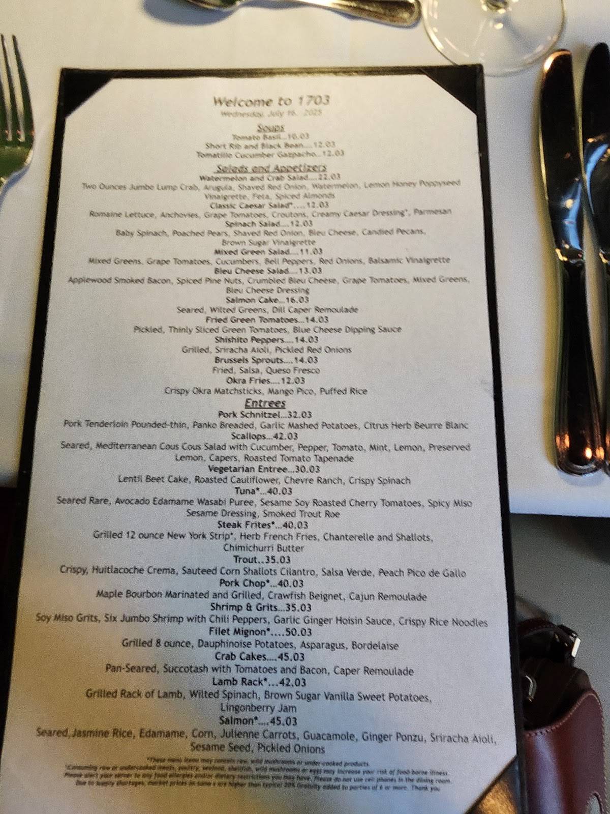 Menu at 1703 Restaurant & Catering, Winston-Salem