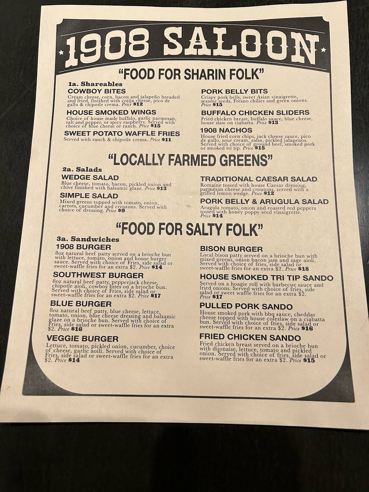 Menu at 1908 Saloon pub & bar, Sandpoint