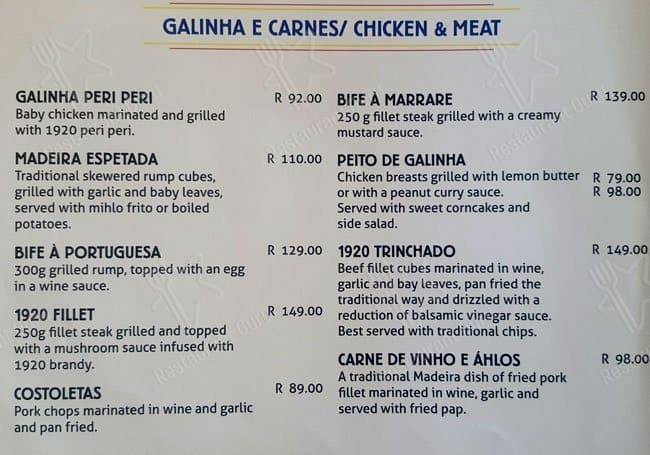 Menu at 1920 Portuguese Restaurant, Johannesburg, Ferndale Village