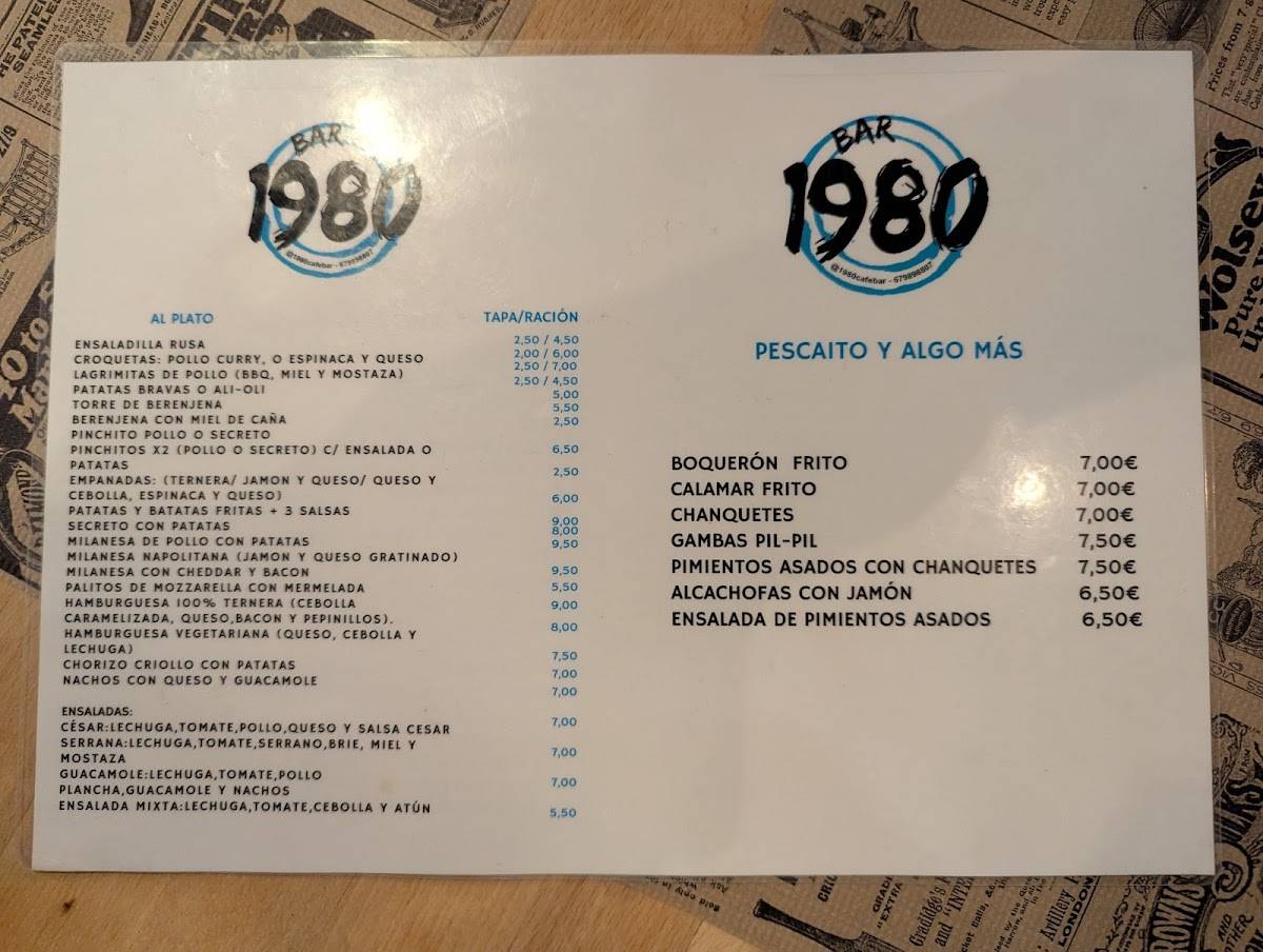 Carta de 1980 Bar, Málaga