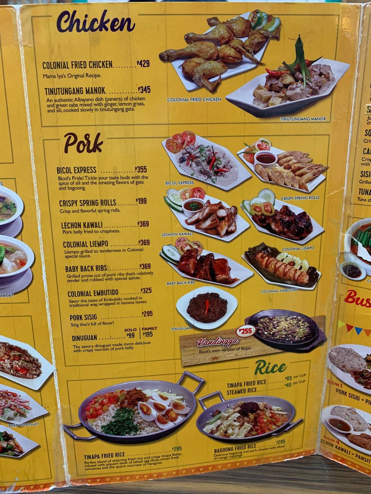 Menu at 1st Colonial Grill restaurant, Legazpi City, 4QW2+62M