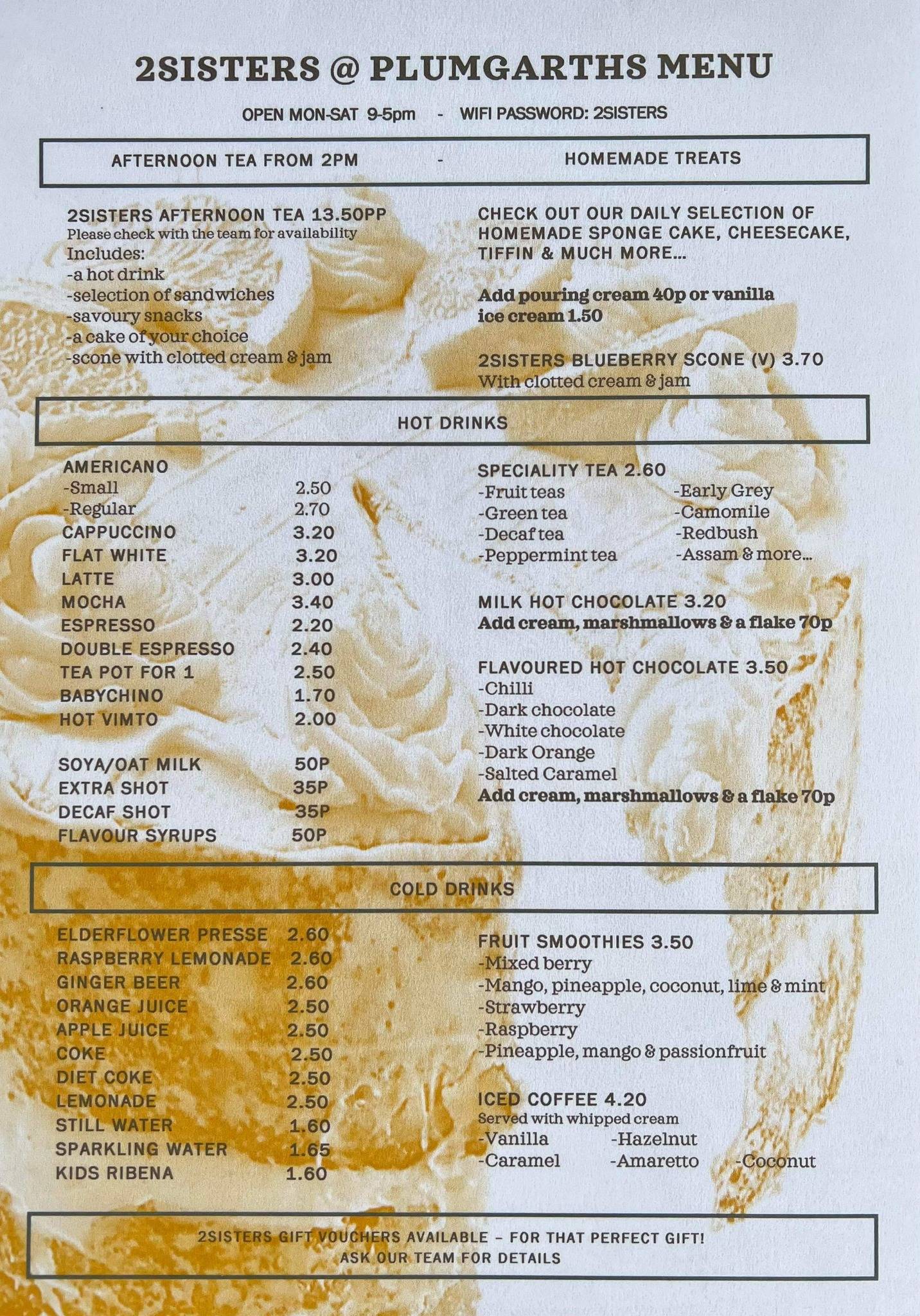 Menu at 2 Sisters Cafe at Plumgarths, Strickland Ketel