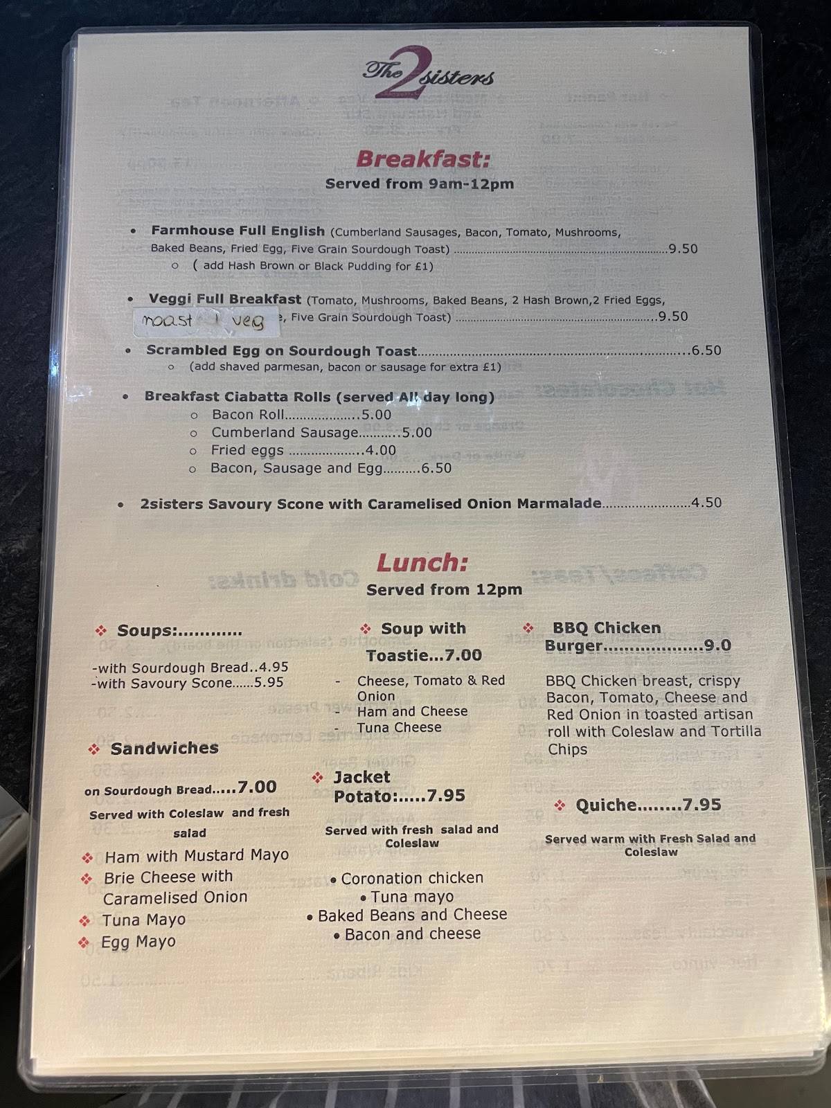 Menu at 2 Sisters Cafe at Plumgarths, Kendal