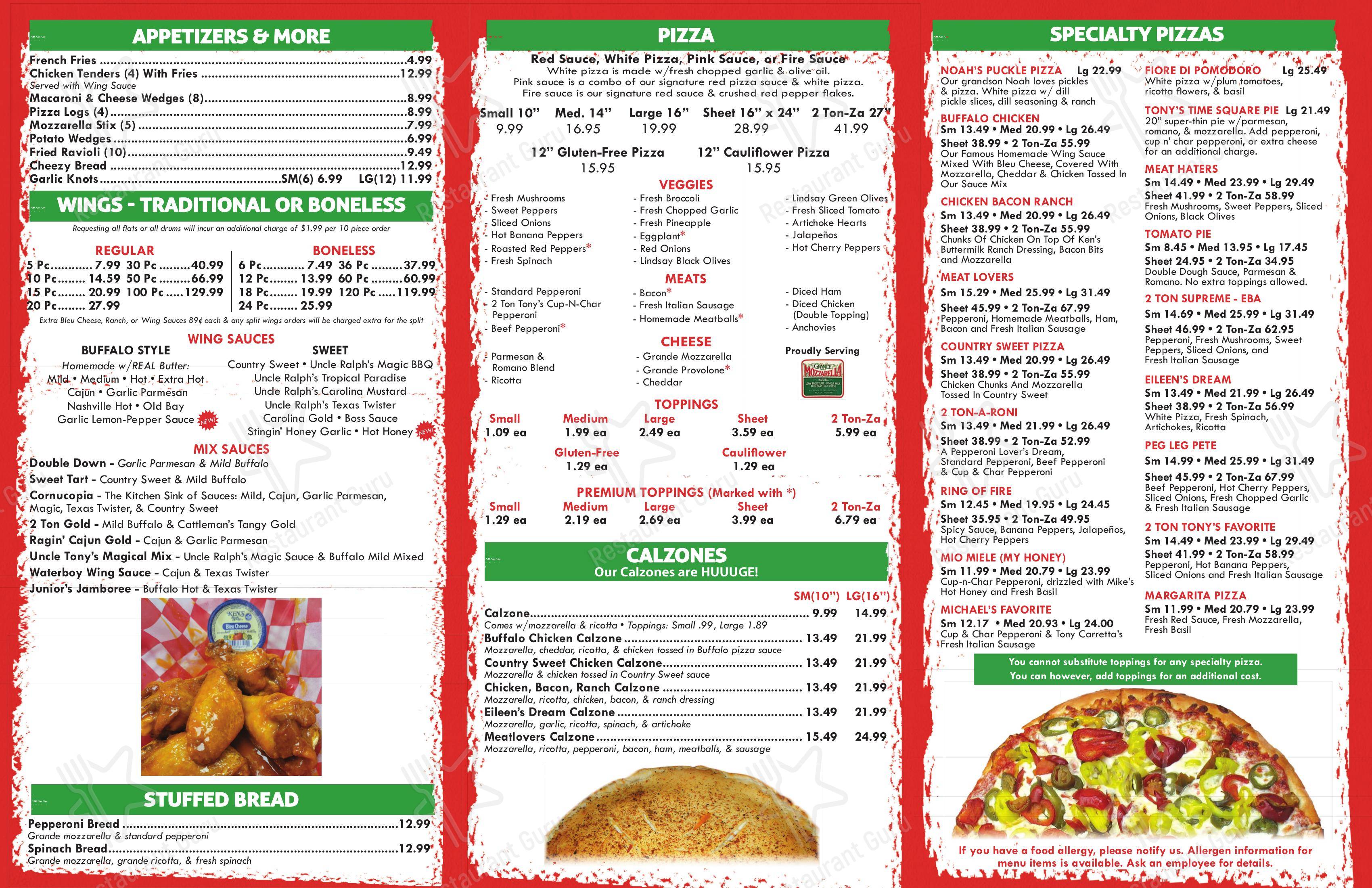 Menu at 2 Ton Tony's Pizza pizzeria, Rochester