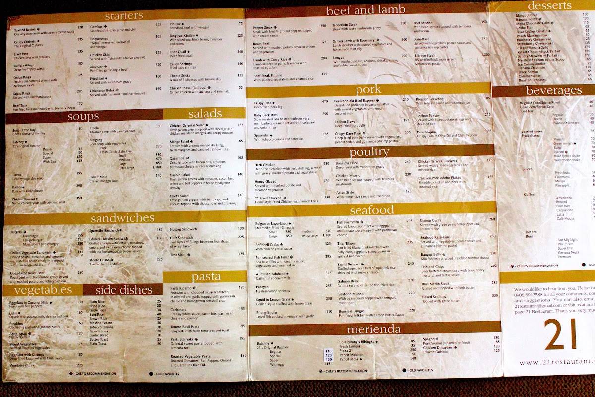 Menu at 21 Restaurant, Bacolod, 21 Lacson St