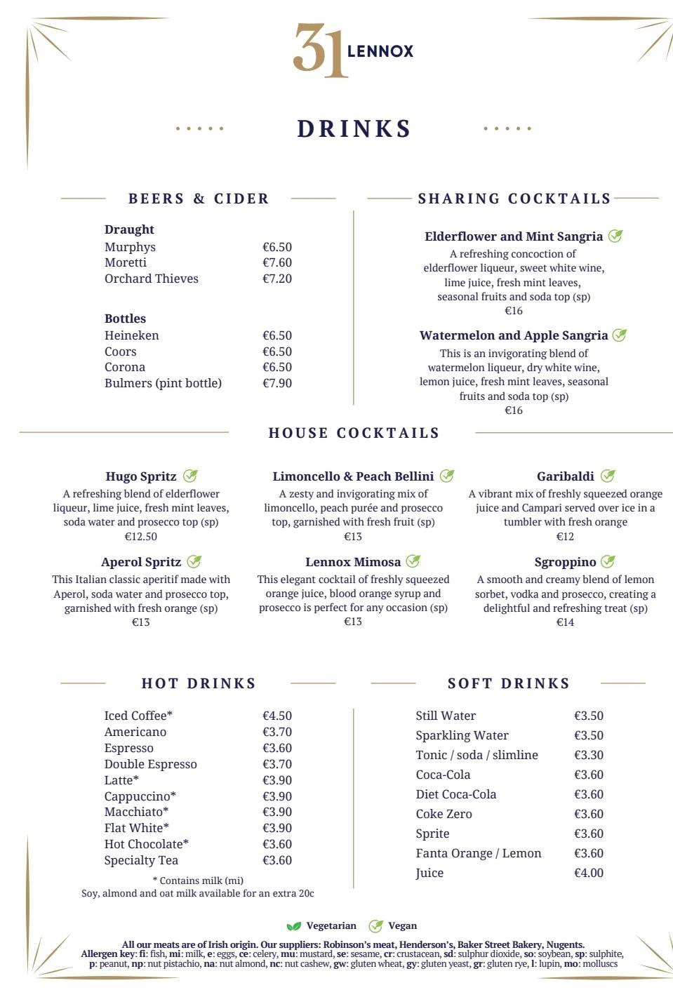 Menu at 31 Lennox cafe, Dublin