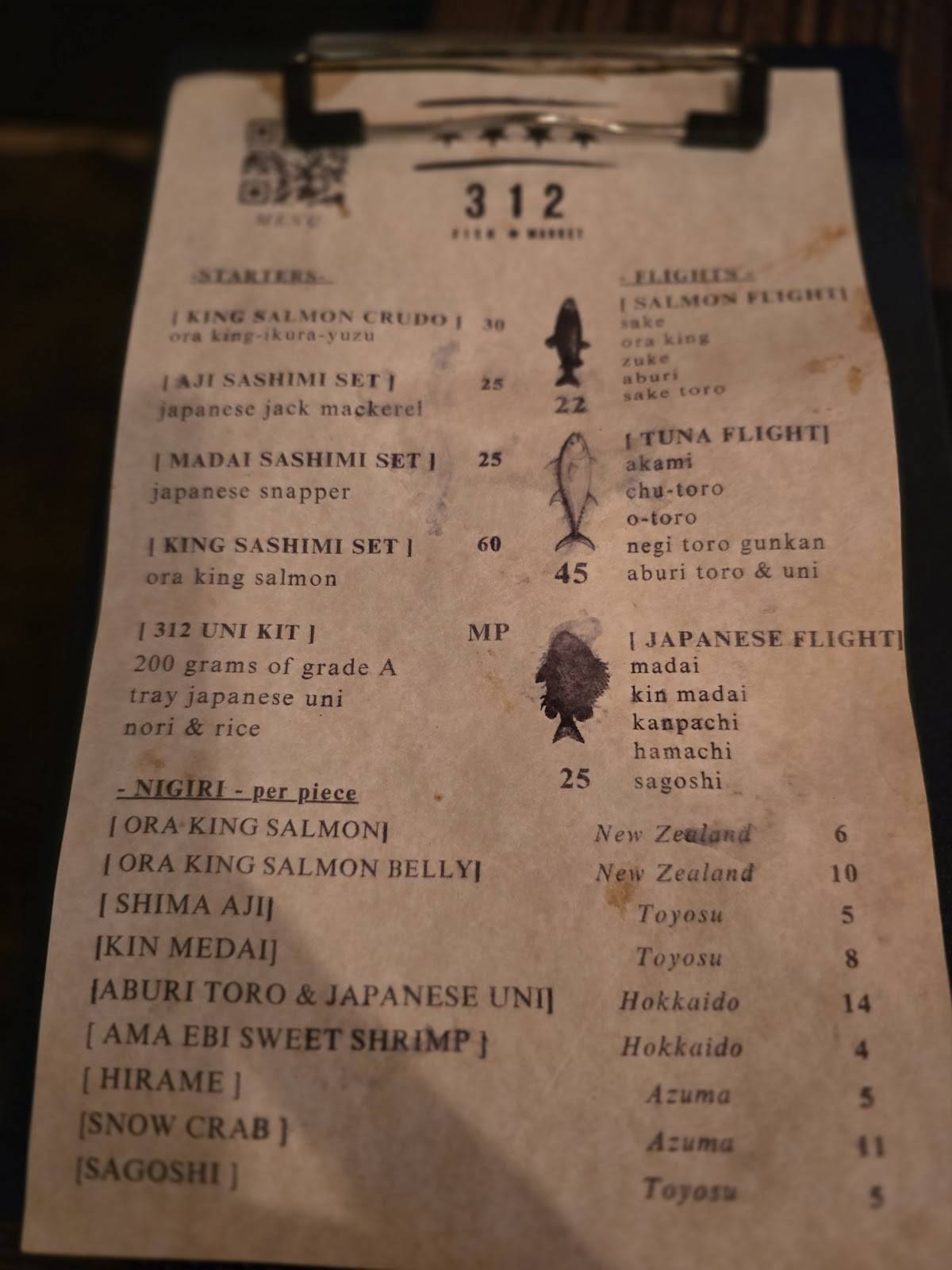 Menu at 312 Fish Market restaurant, Chicago