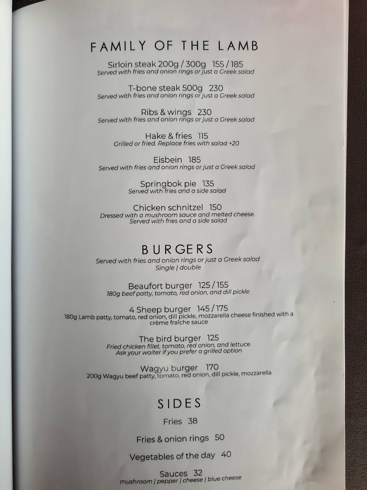 Menu at 4 Sheep Restaurant Deli and Convenience Store, Beaufort West