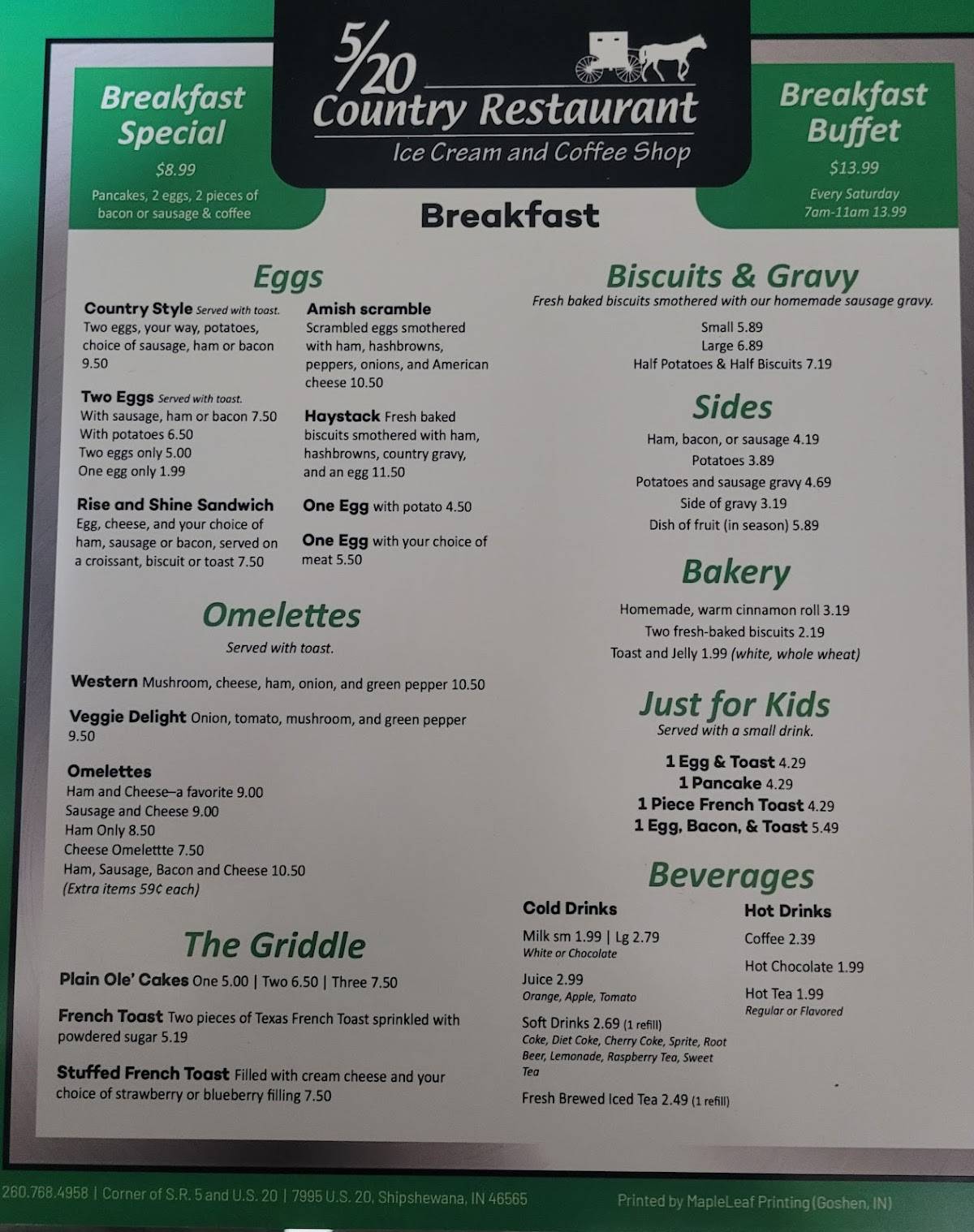Menu at 5/20 Country Kitchen restaurant, Shipshewana