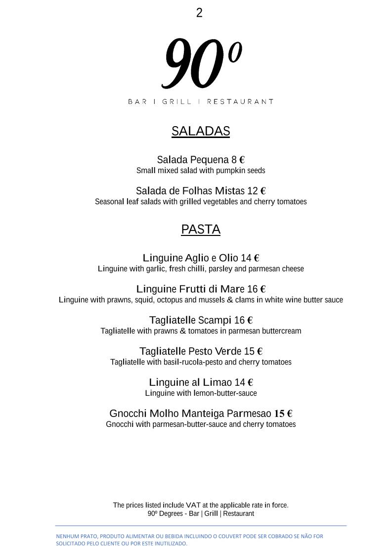 Menu at 90° Bar Grill Restaurant, Portugal