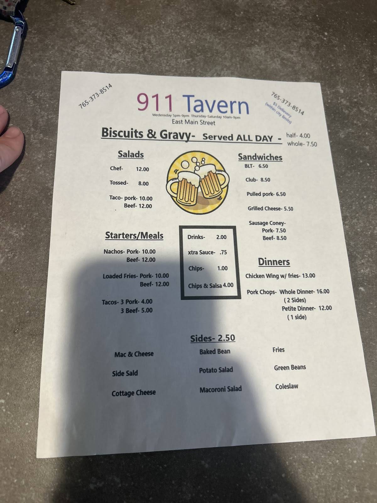 Menu at 911 Tavern on Main restaurant, Richmond