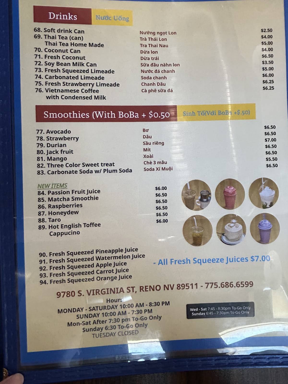 Menu at 999 Phở restaurant, Reno, Kietzke Ln