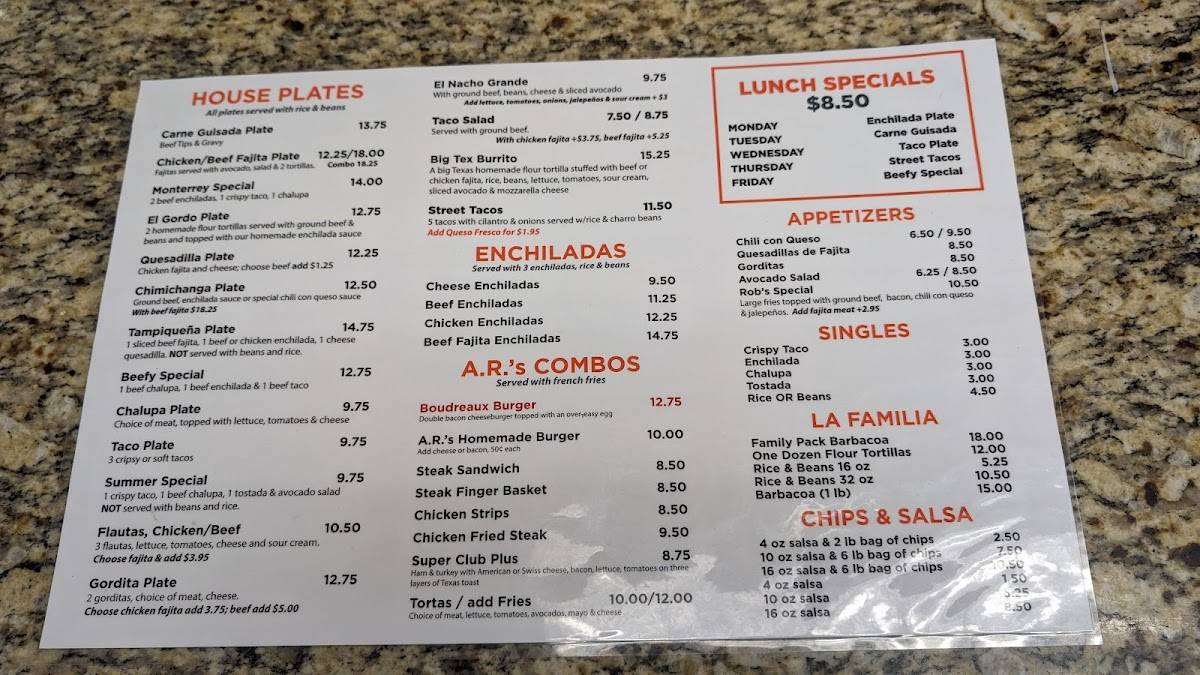Menu at A R's Cafe, Freeport, 616 N Gulf Blvd