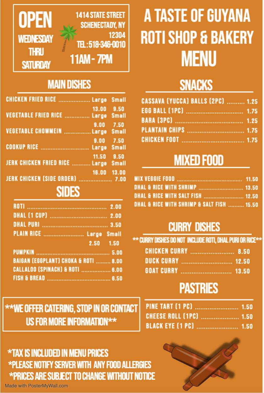 Menu at A Taste of Guyana Roti Shop & Bakery, Schenectady