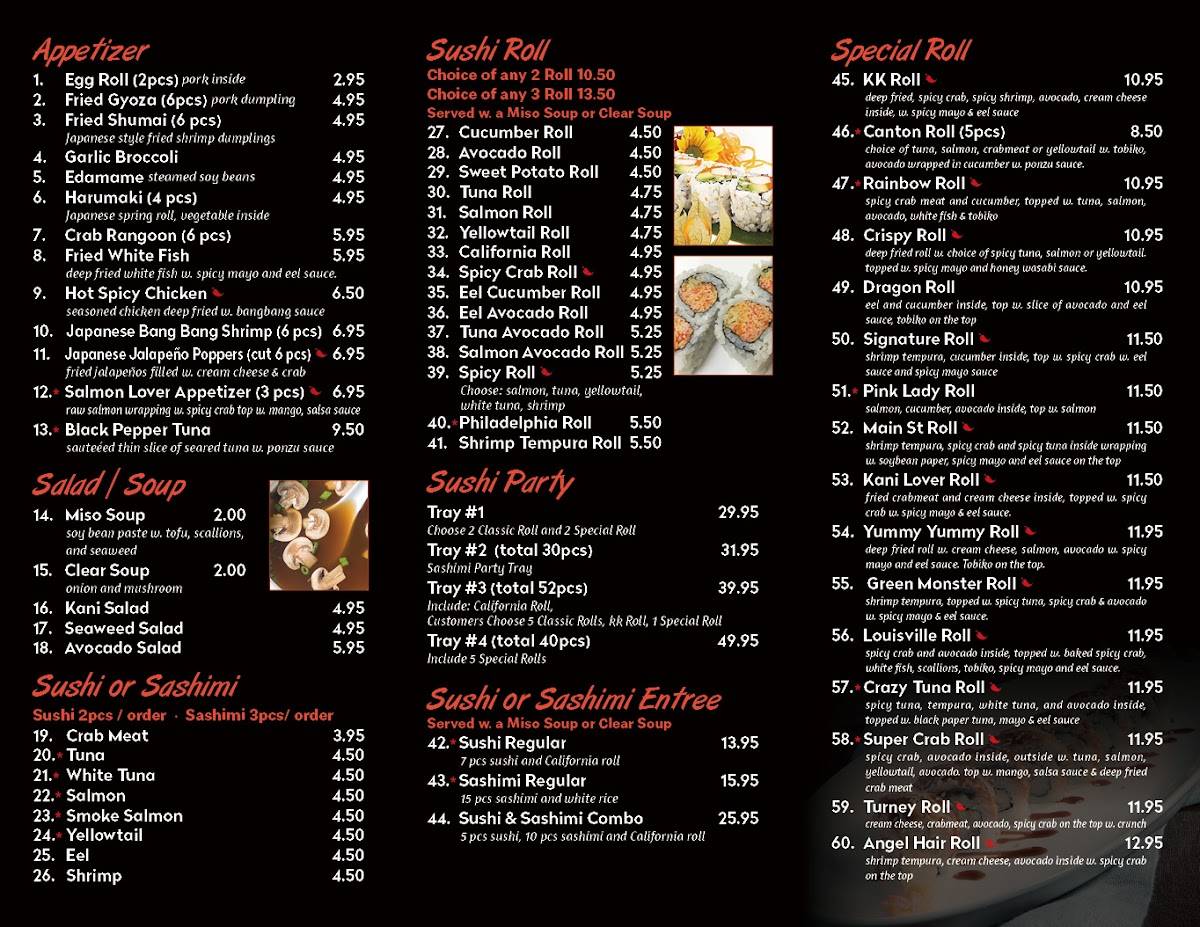 Menu at A1 Japan Hibachi & Sushi restaurant, Louisville