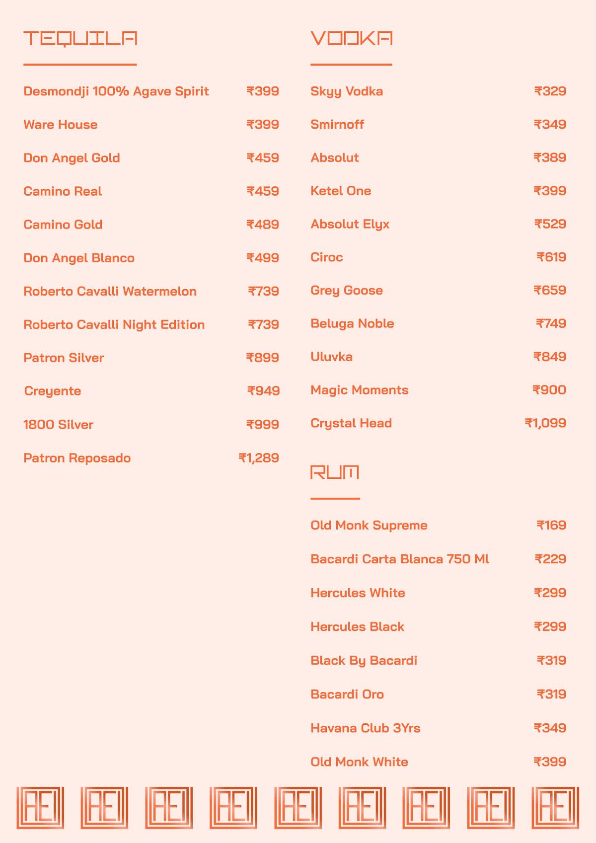 Menu at AEIOU Manyata, Bengaluru