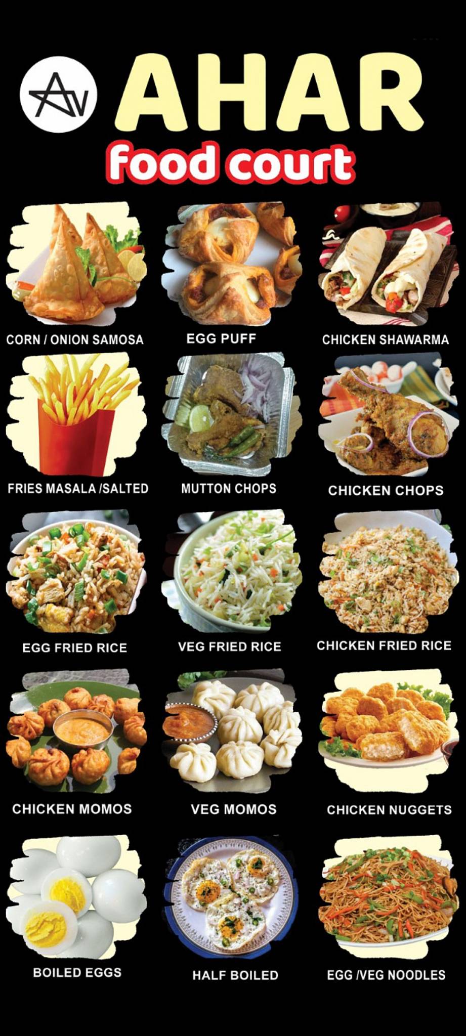 Menu at AHAR AV food court, Hyderabad