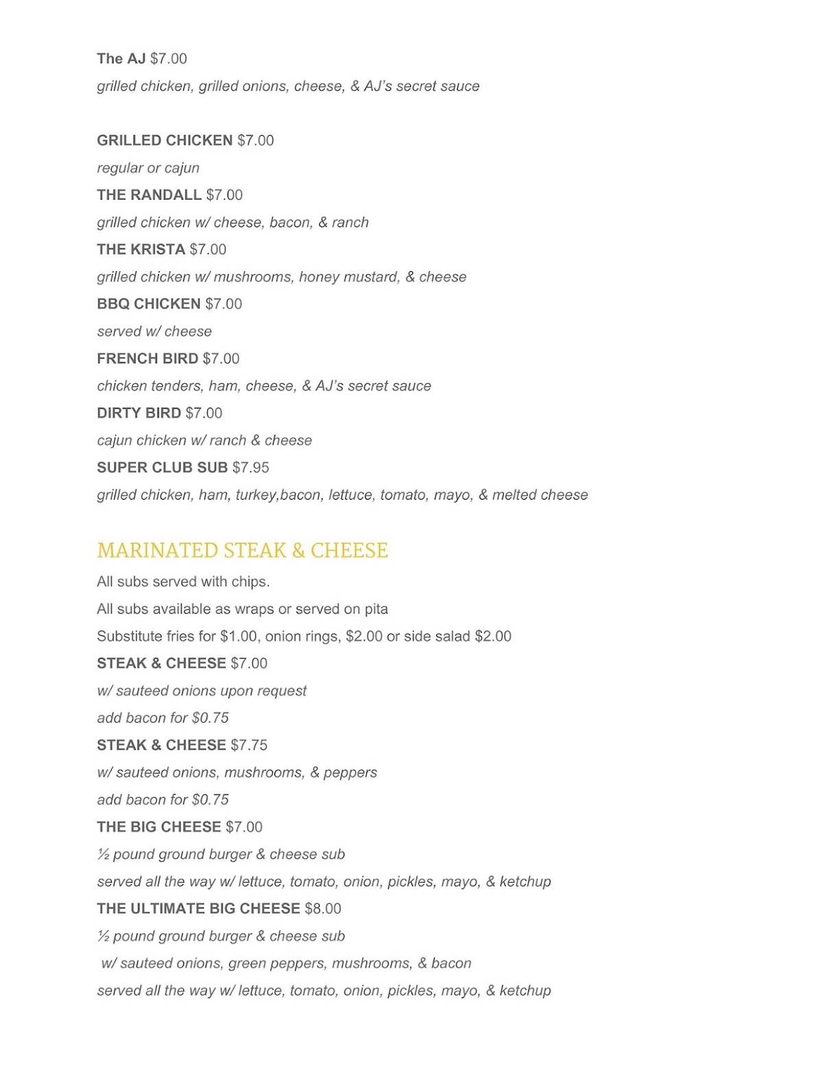 Menu at AJ's Pizza, Subs, and Wings restaurant, Fort Pierce