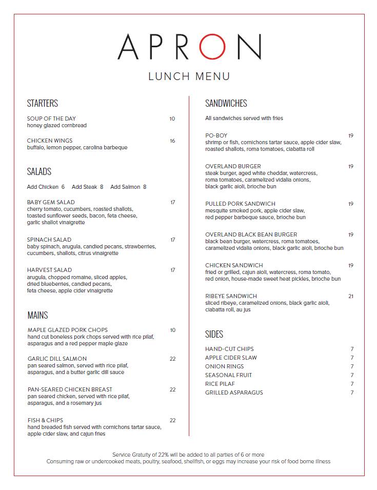 Menu at APRON restaurant, Hapeville, 2 Porsche Dr