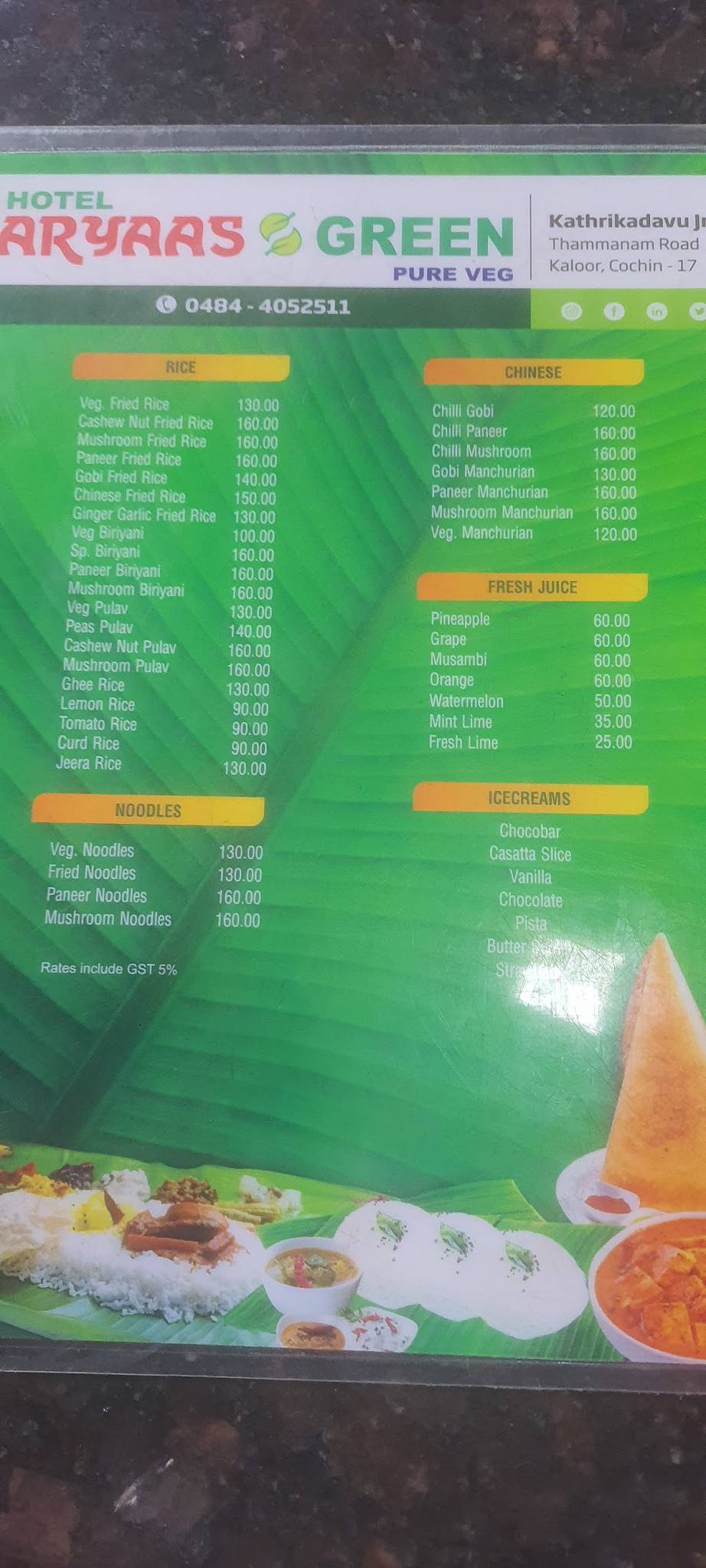 Menu at ARYAAS GREEN, Ernakulam