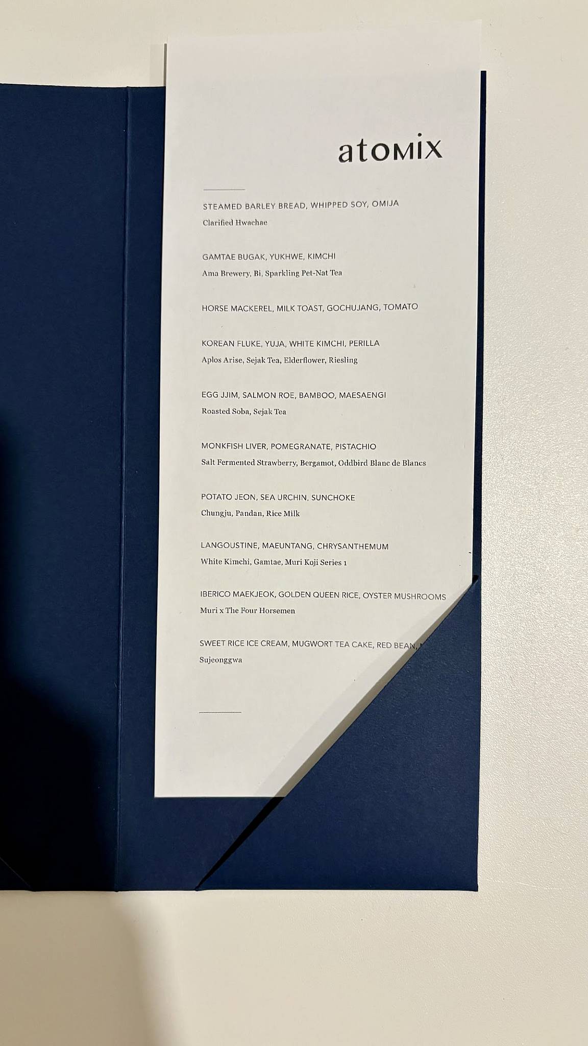 Menu at ATOMIX restaurant, New York City