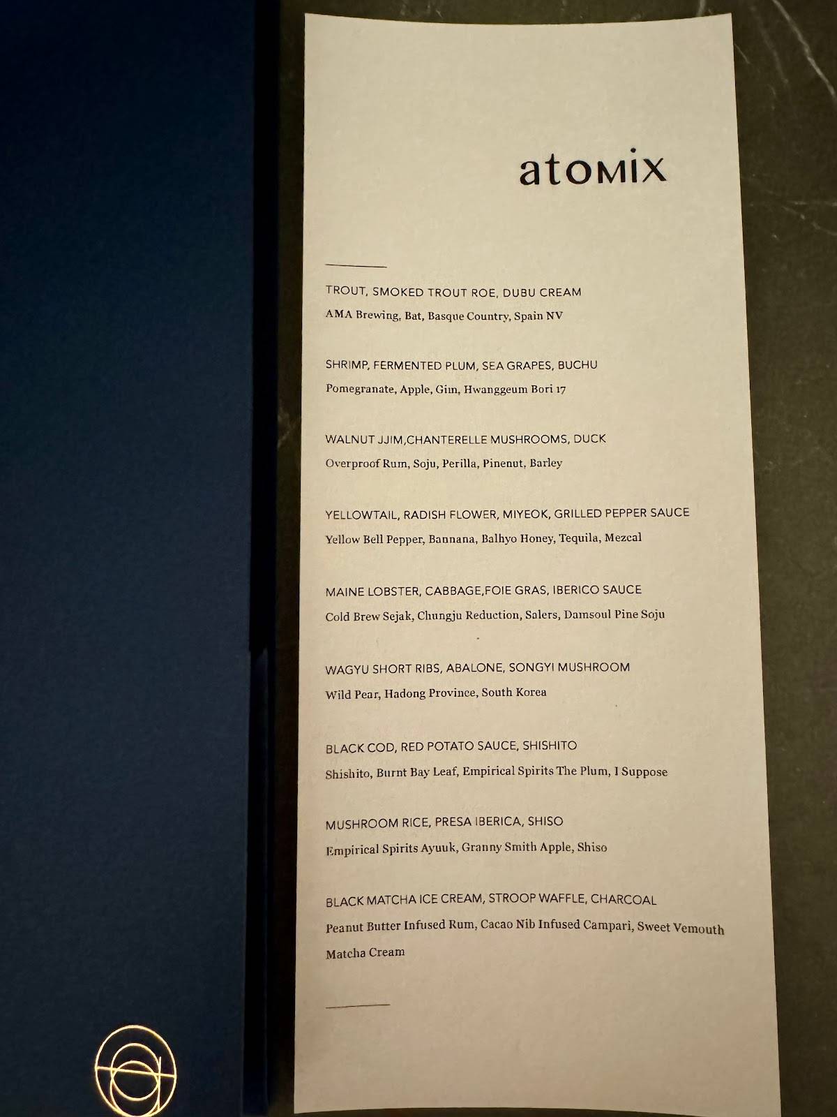 Menu at ATOMIX restaurant, New York City
