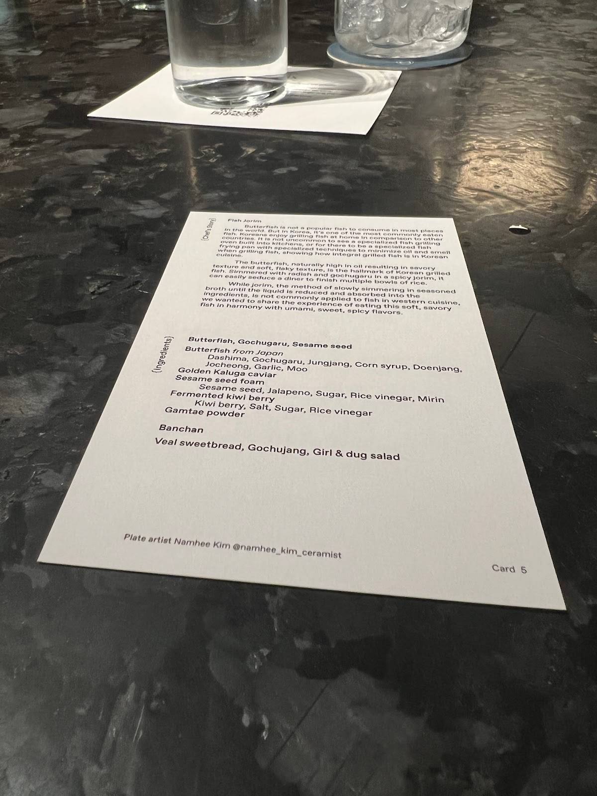 Menu at ATOMIX restaurant, New York City