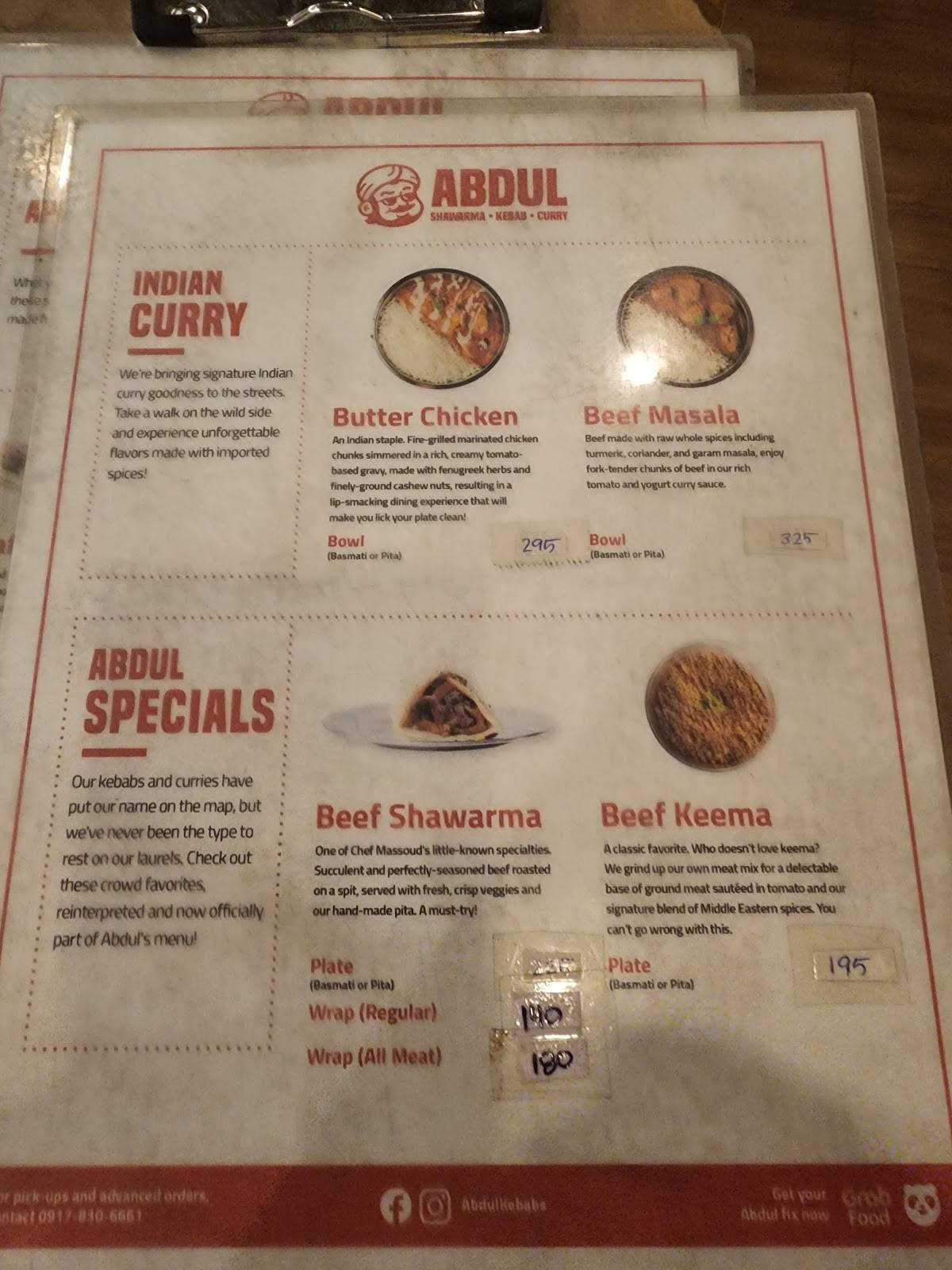 Carta del restaurante Abdul: Kebab, Shawarma, and Curry, Ciudad Quezon