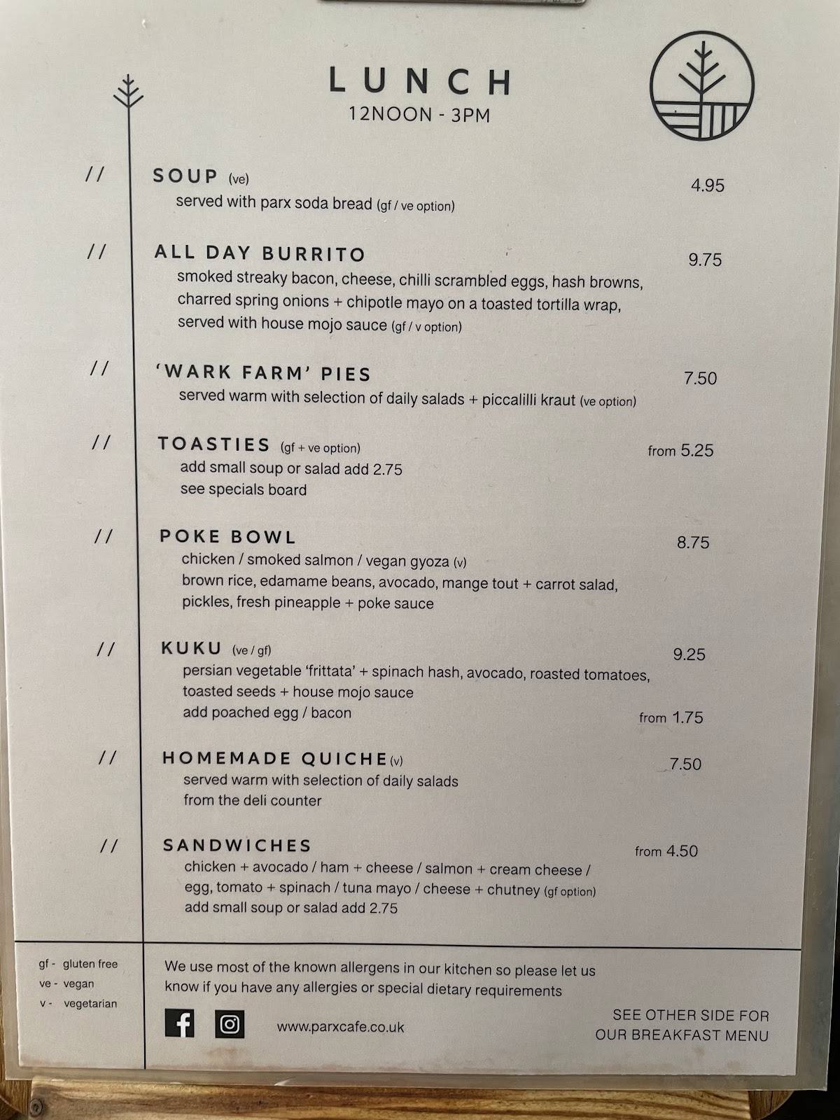 Menu at Parx Cafe, Aberdeen